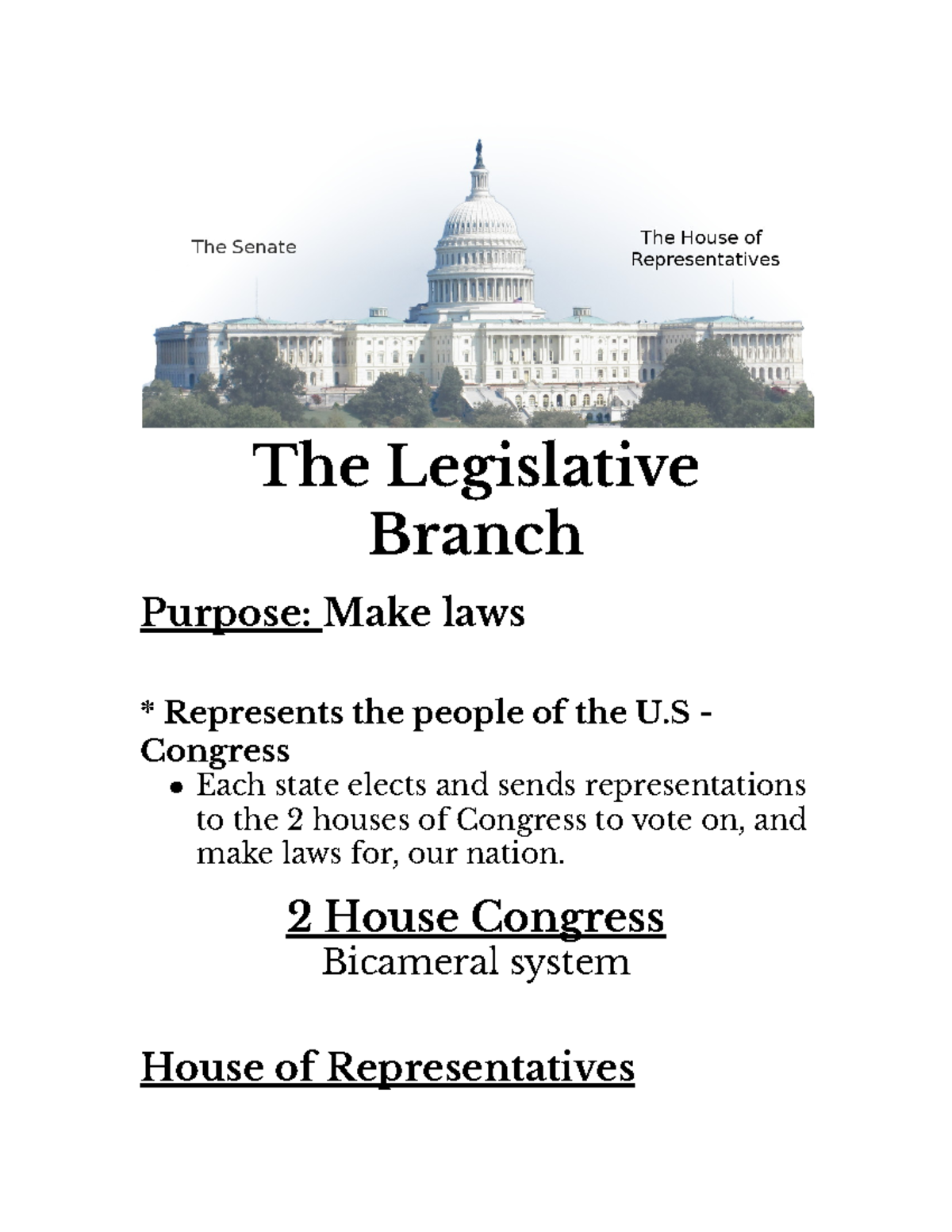 Leg Branch GO - The Legislative Branch Purpose: Make laws * Represents ...