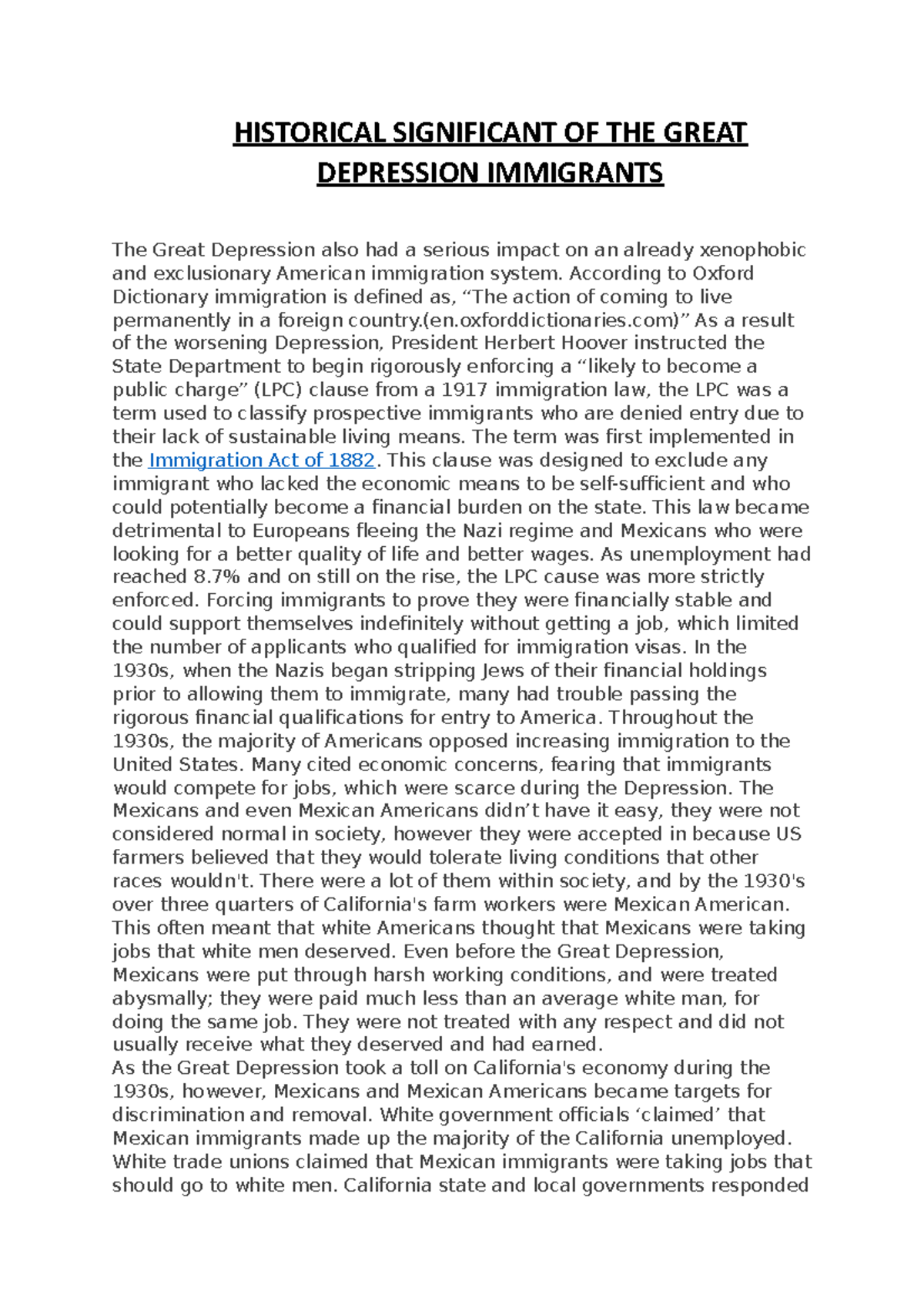 Immigrants - HISTORICAL SIGNIFICANT OF THE GREAT DEPRESSION IMMIGRANTS ...