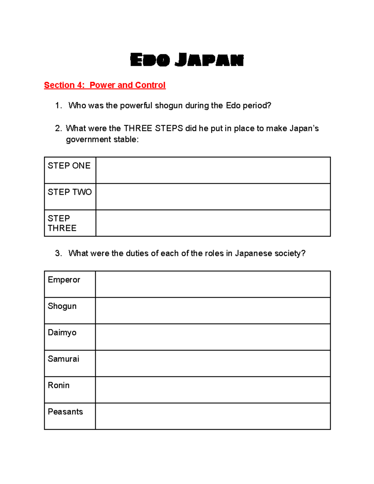 Sections 4, 5 and 6 questions - Edo Japan Section 4: Power and Control ...