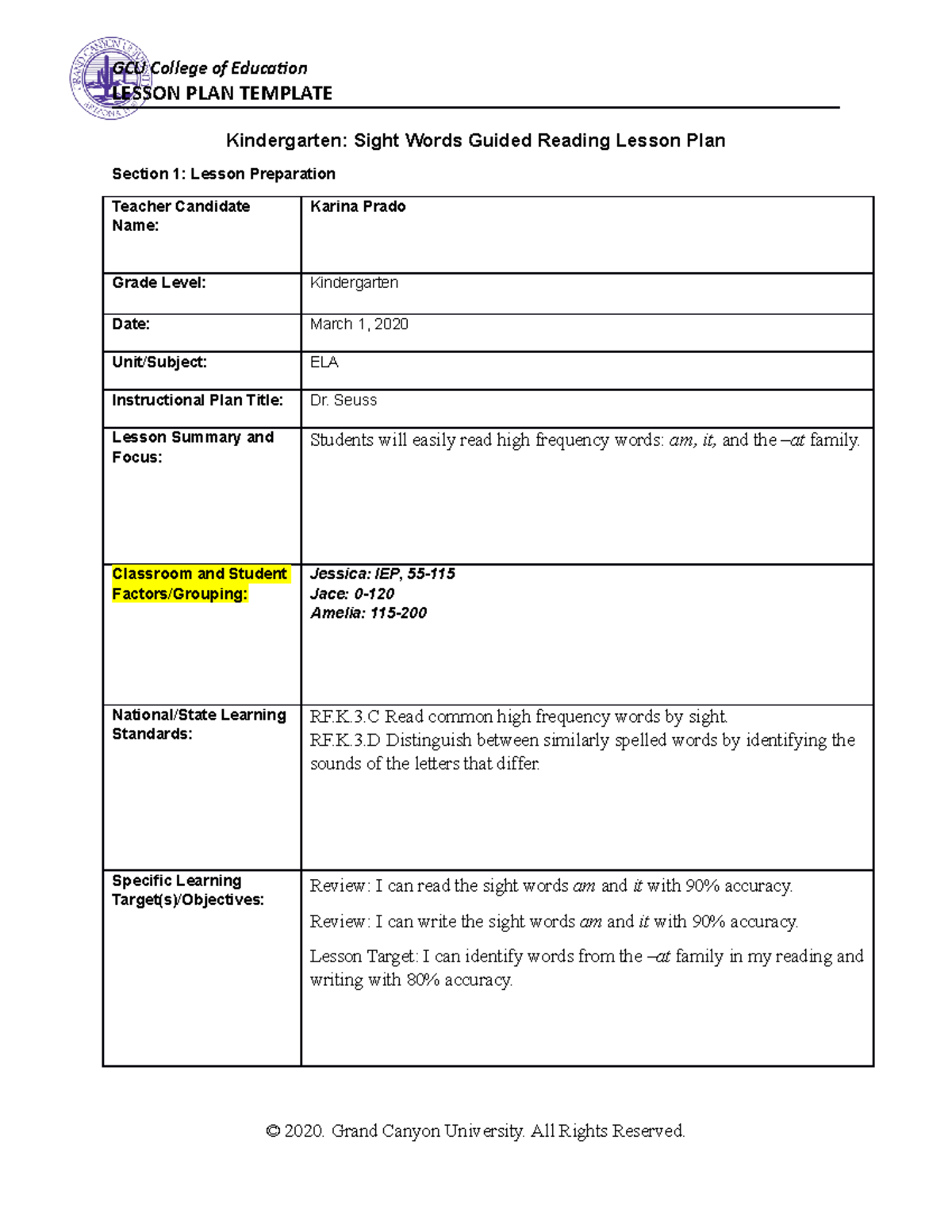 SPD 200 RS Kindergarten Sight Words Guided Reading Lesson Plan - LESSON ...