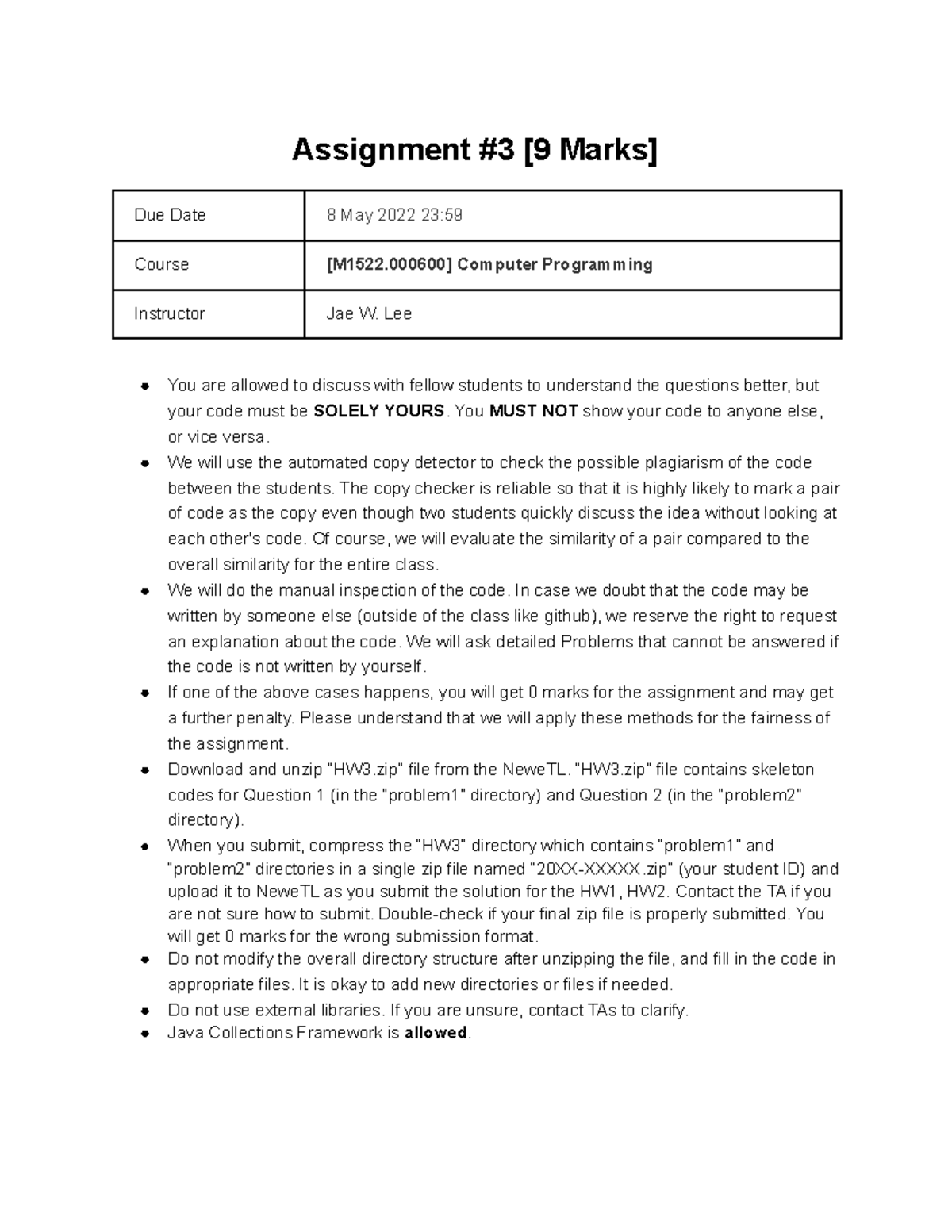 HW 3 - Advanced OOP with JAVA (1) - Assignment #3 [9 Marks] Due Date 8 ...