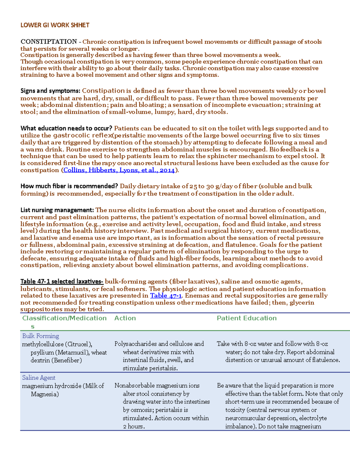Ch 47- Lower GI Worksheet - LOWER GI WORK SHHET CONSTIPTATION - Chronic constipation is ...