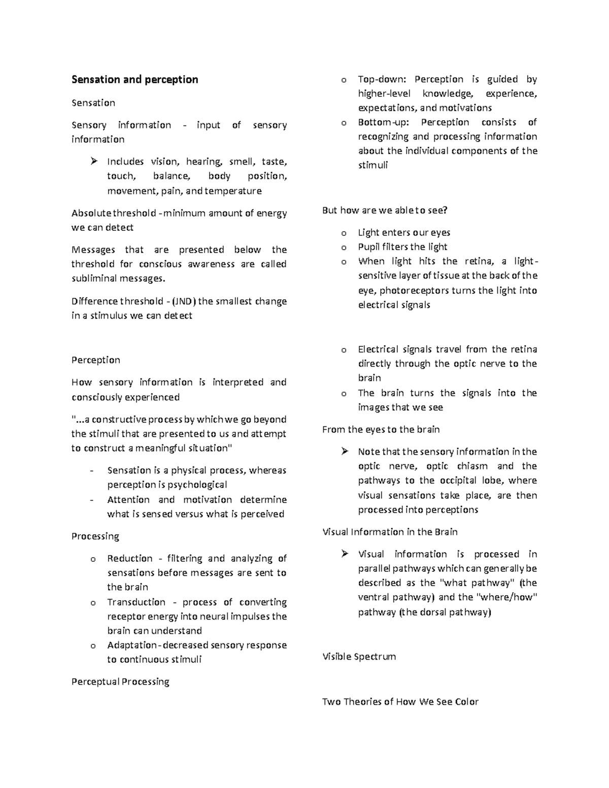 MVL Psych Notes - 4 - Sensation and perception Sensation Sensory ...
