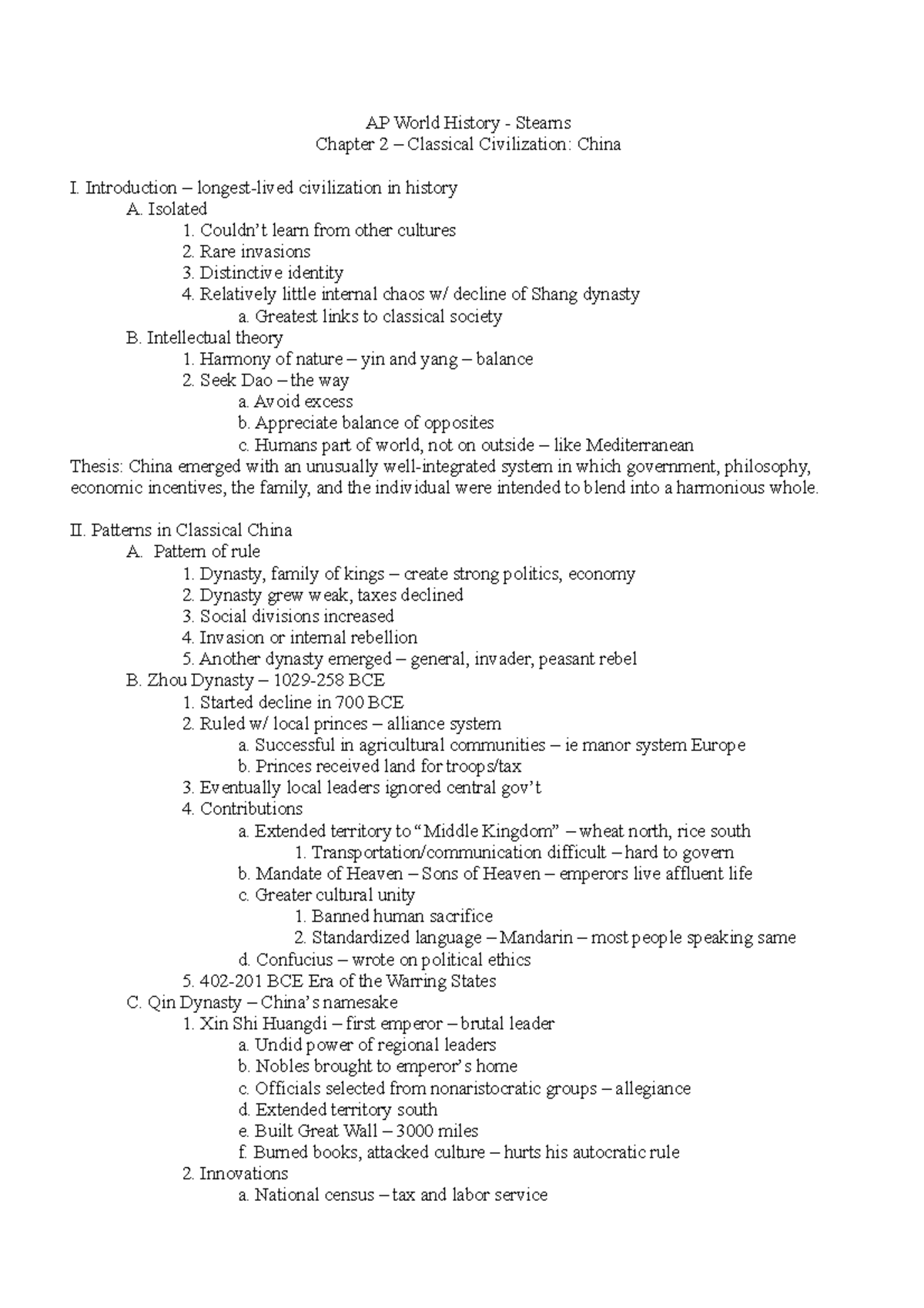 notes notes notes - AP World History - Stearns Chapter 2 – Classical ...