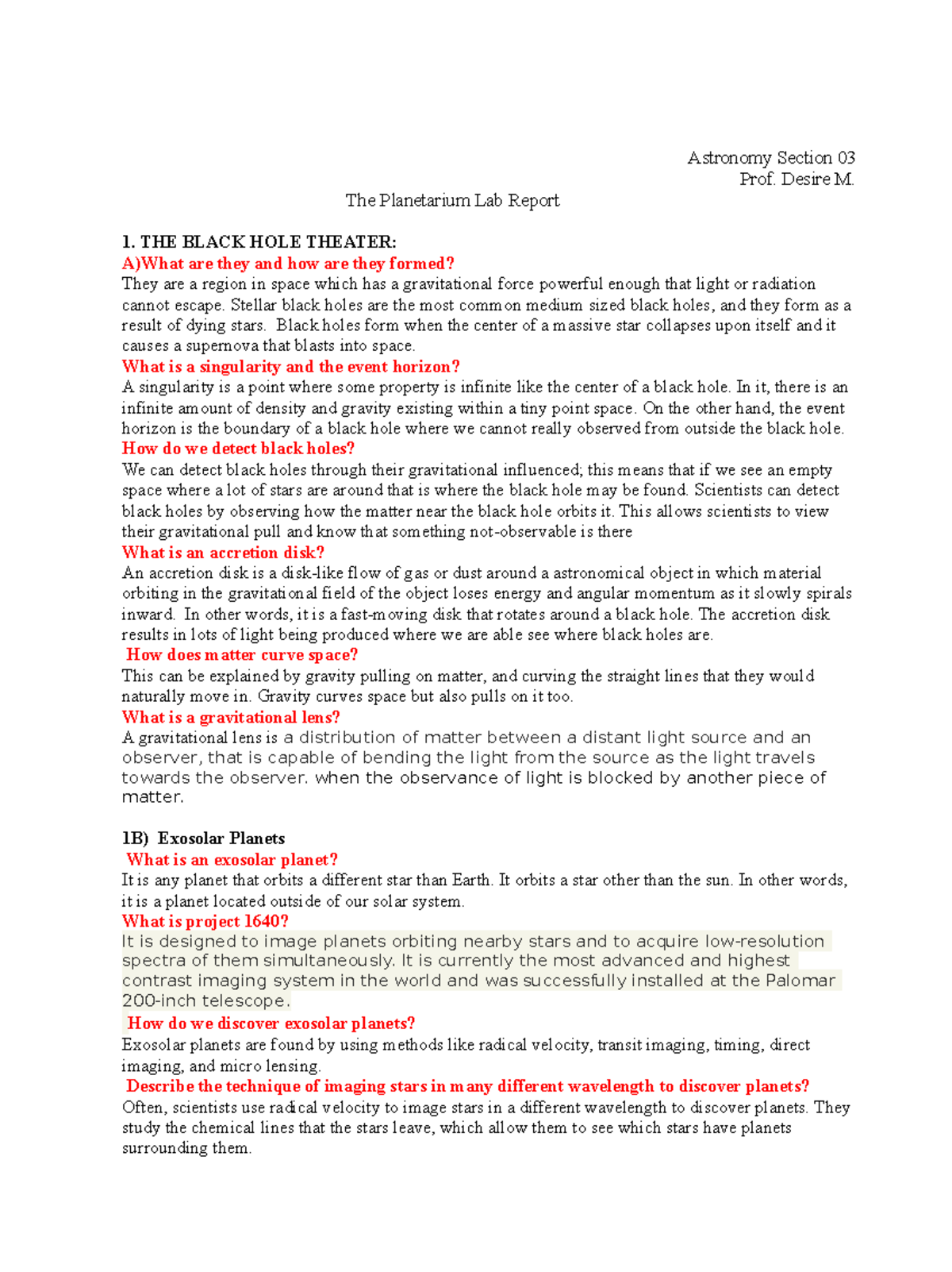 Planetarium LAB - Astronomy Section 03 Prof. Desire M. The Planetarium ...