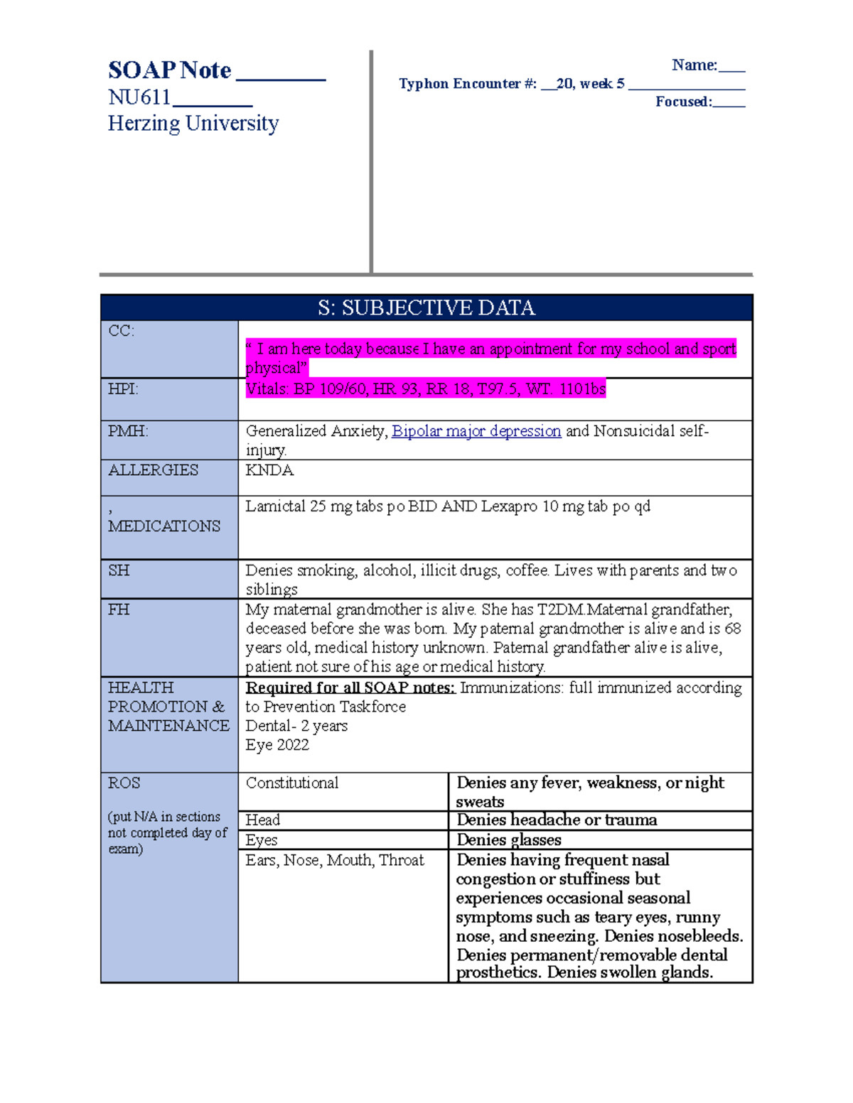 SOAP wk 5 - clinical decision - S: SUBJECTIVE DATA CC: “ I am here ...