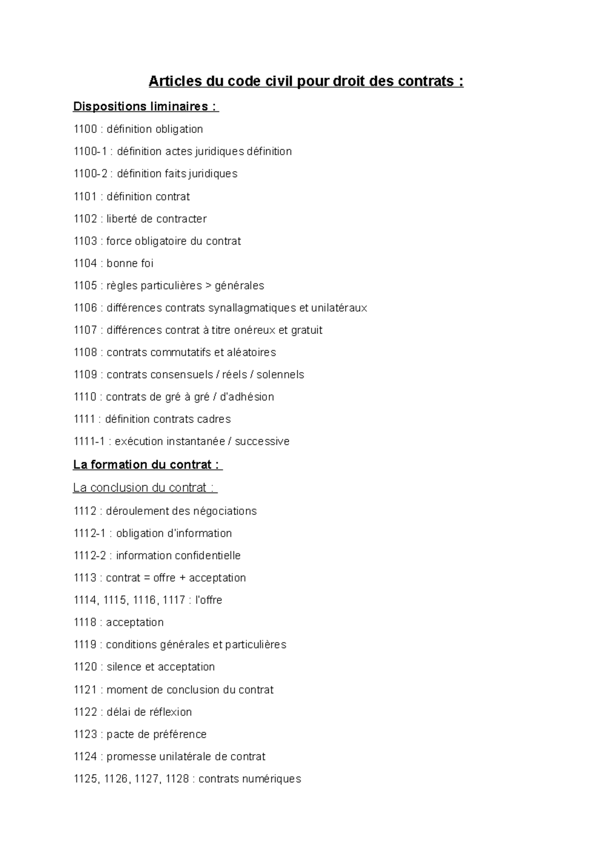 Articles du code civil pour droit des contrats - Studocu