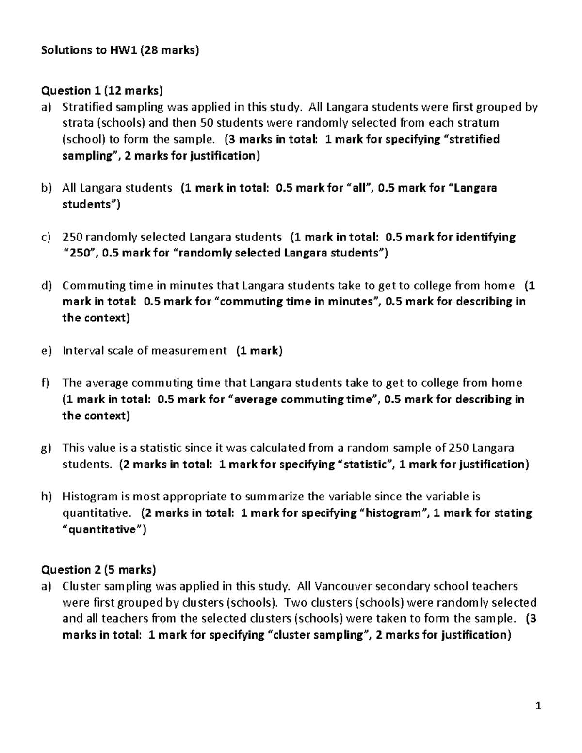 S1181-001 Solutions to HW1 - 1 Solutions to HW1 (28 marks) Question 1 ...