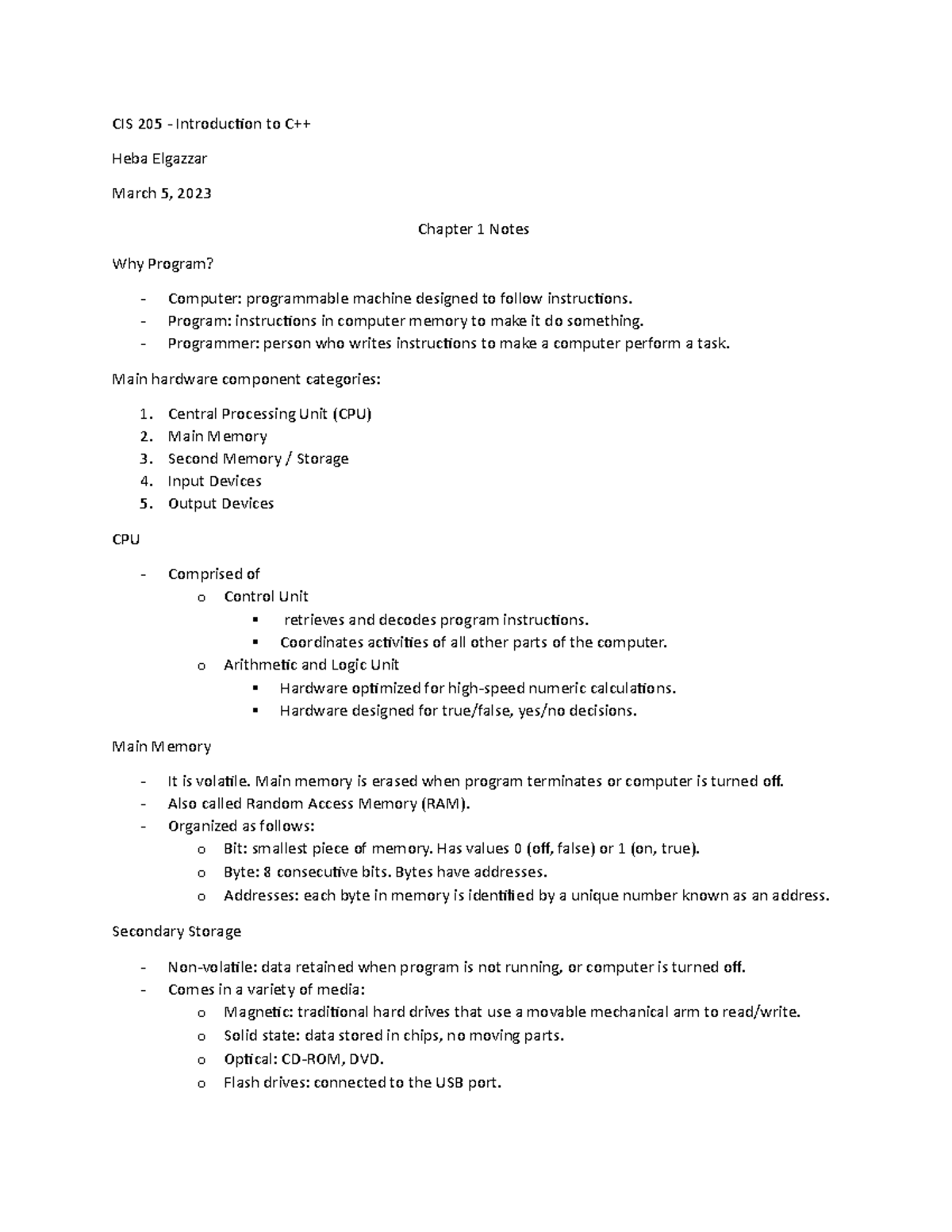 Cis 205 Ch1 Notes Elgazzar Cis 205 Introduction To C Heba Elgazzar March 5 2023 Chapter