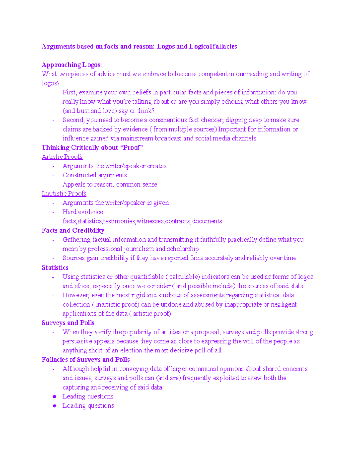 Arguments based on facts and reason Logos and Logical fallacies - Studocu