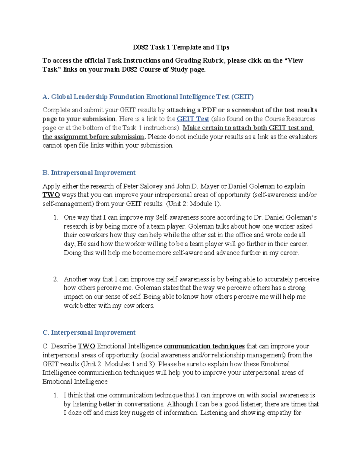 D082 Task 1 Template and Tips 0123 - D082 Task 1 Template and Tips To access the official Task ...