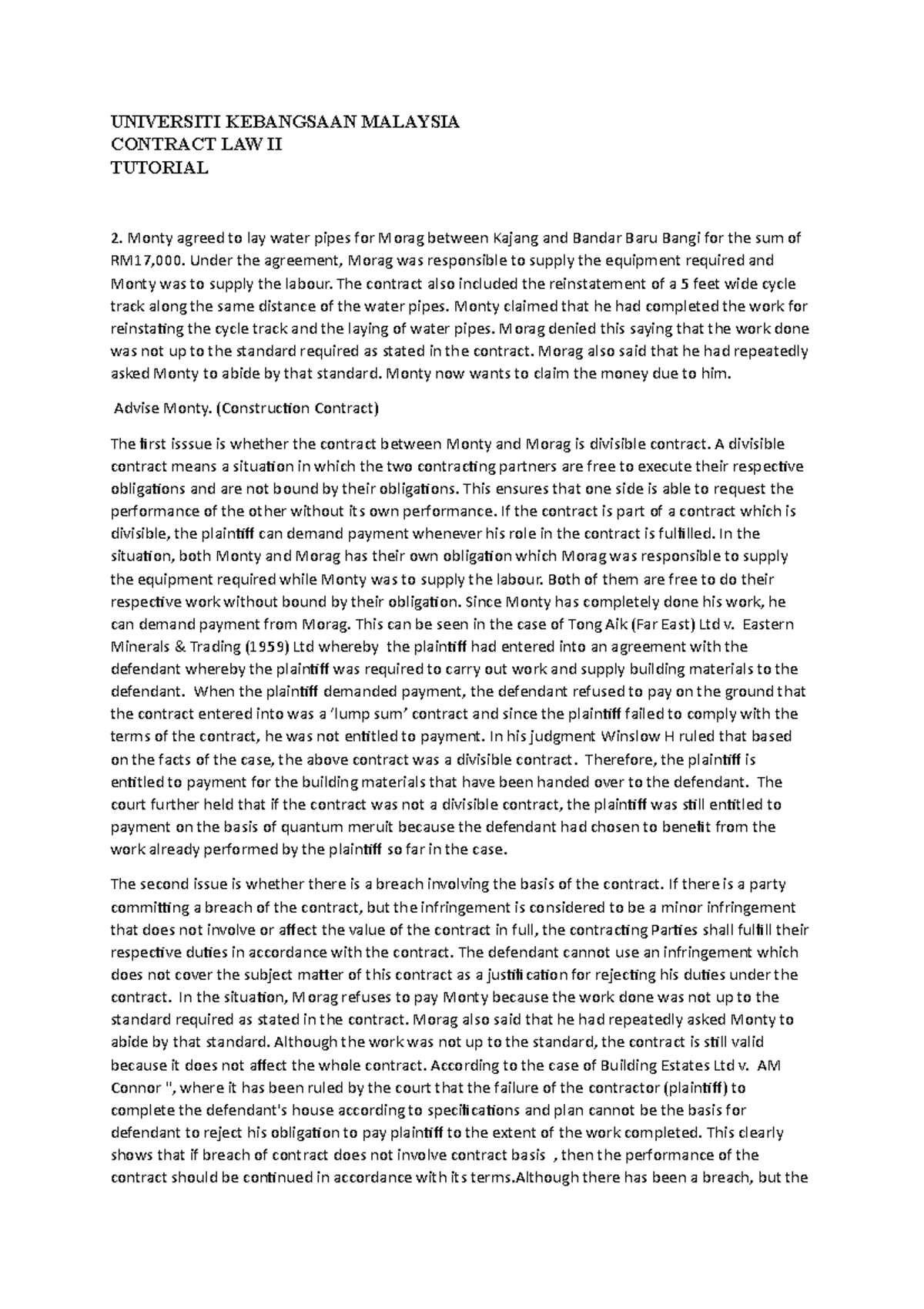 Tutorial ans-Pelepasan Kontrak Pelaksanaan - UNIVERSITI KEBANGSAAN MALAYSIA CONTRACT LAW II ...