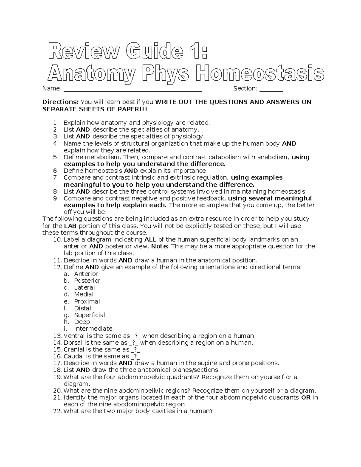 1 Anatomy Phys Homeostasis Review Guide - Name
