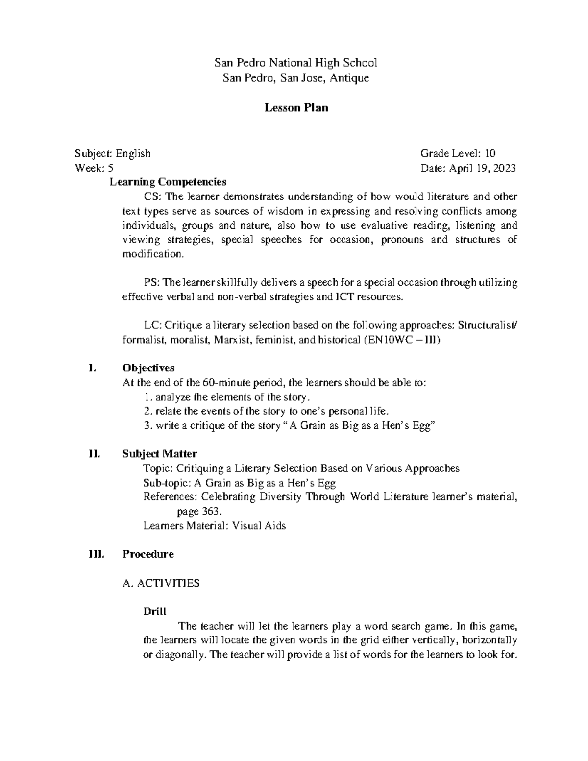 Lesson Plan in English - San Pedro National High School San Pedro, San ...