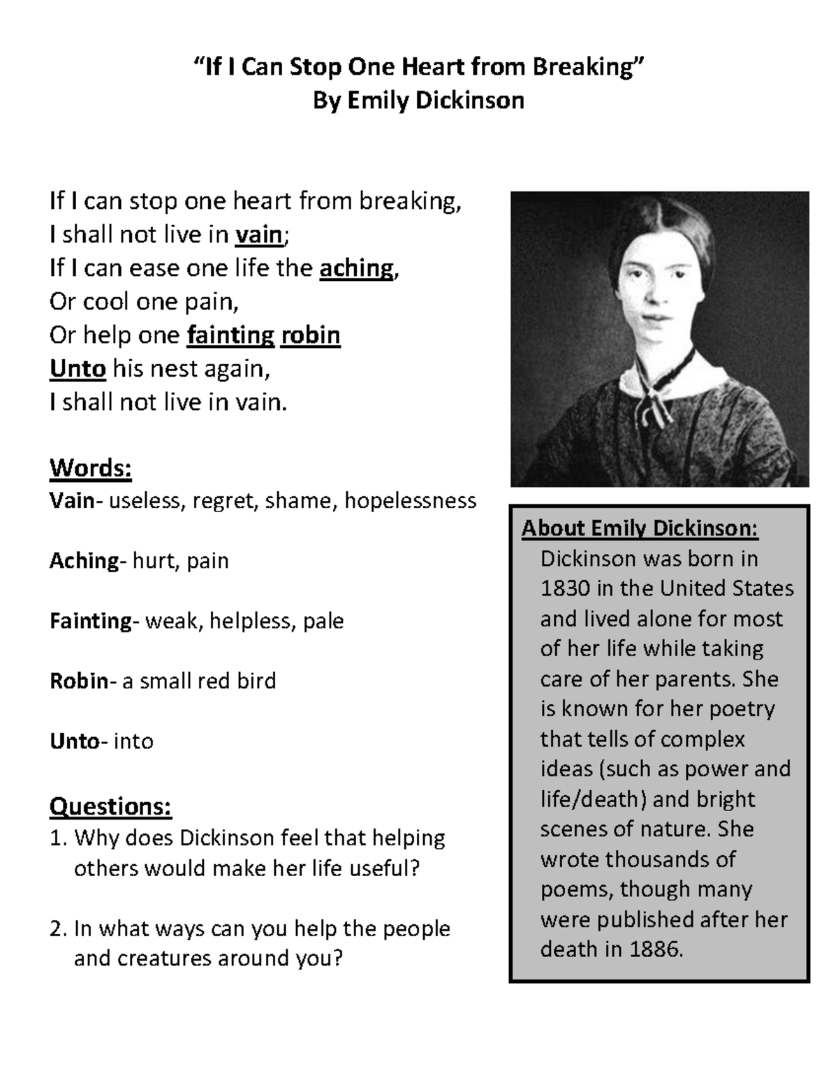 Emily dickenson - “If I Can Stop One Heart from Breaking” By Emily ...