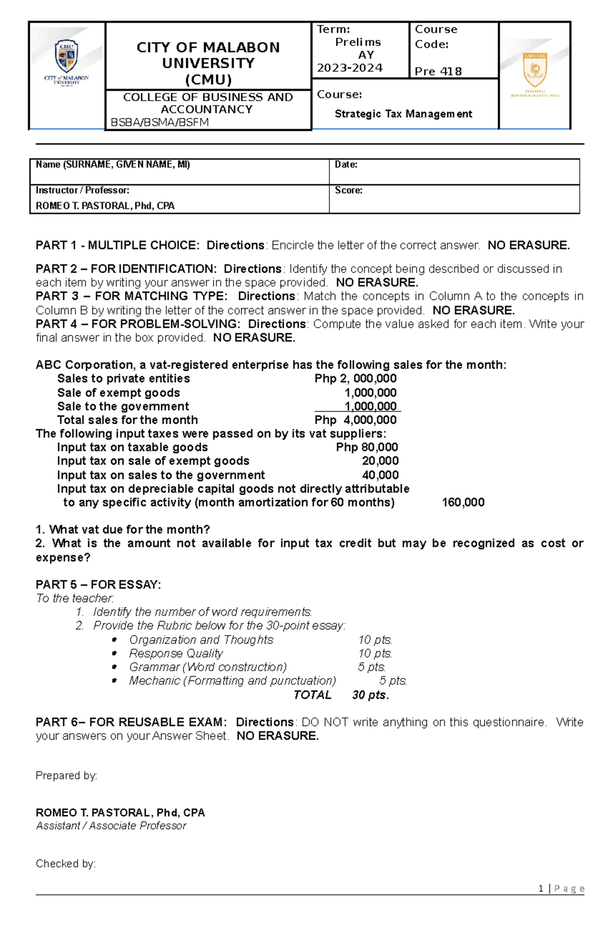 CBA 2023 Exams Stra Tax Prelims 9 23 - CITY OF MALABON UNIVERSITY (CMU ...
