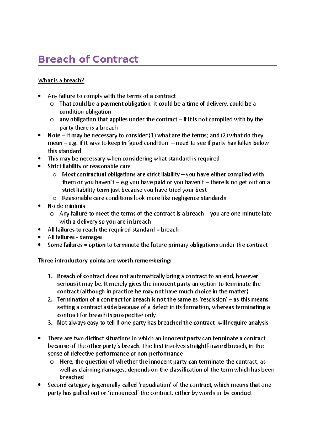 Breach of Contract - Breach of Contract What is a breach? Any failure ...