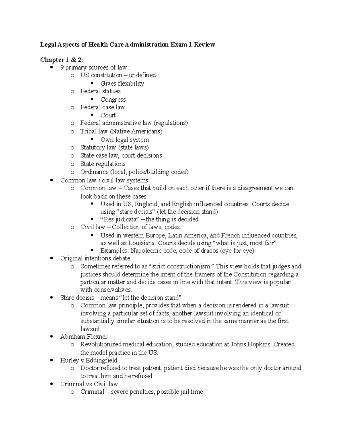 Exam Review 1 - Legal Aspects of Health Care Administration Exam 1 ...