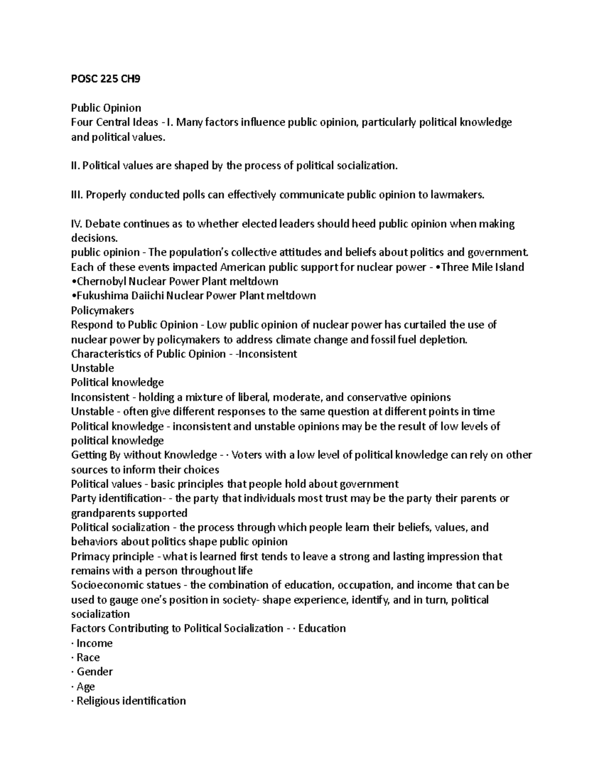 POSC 225 CH9 - Lecture notes ch9 - POSC 225 CH Public Opinion Four ...