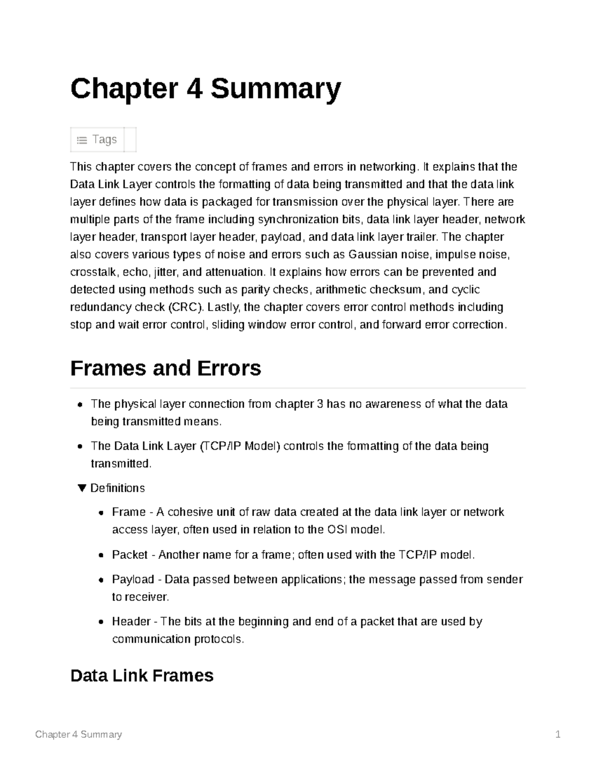 Chapter 4 Summary - Frames and Errors - Chapter 4 Summary Tags This chapter covers the concept ...