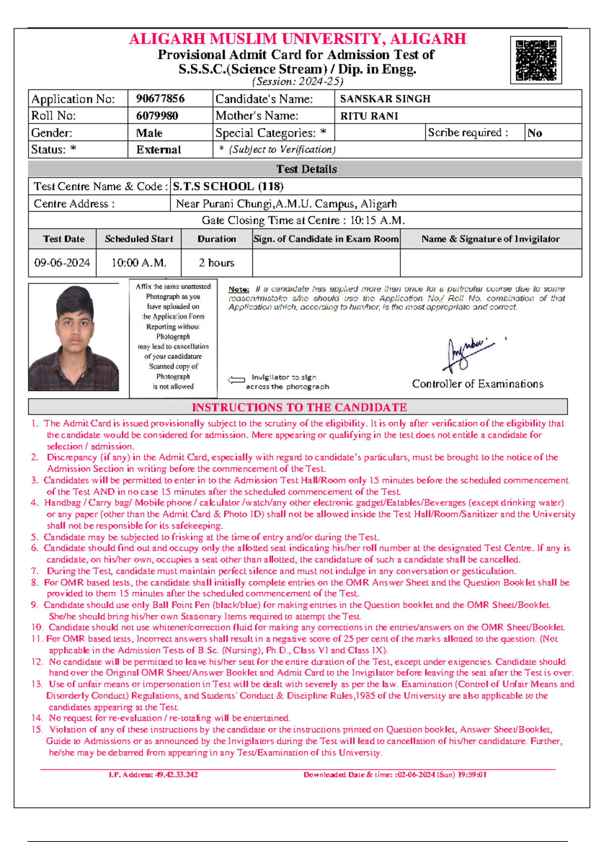 6079980 - ALIGARH MUSLIM UNIVERSITY, ALIGARH Provisional Admit Card for ...