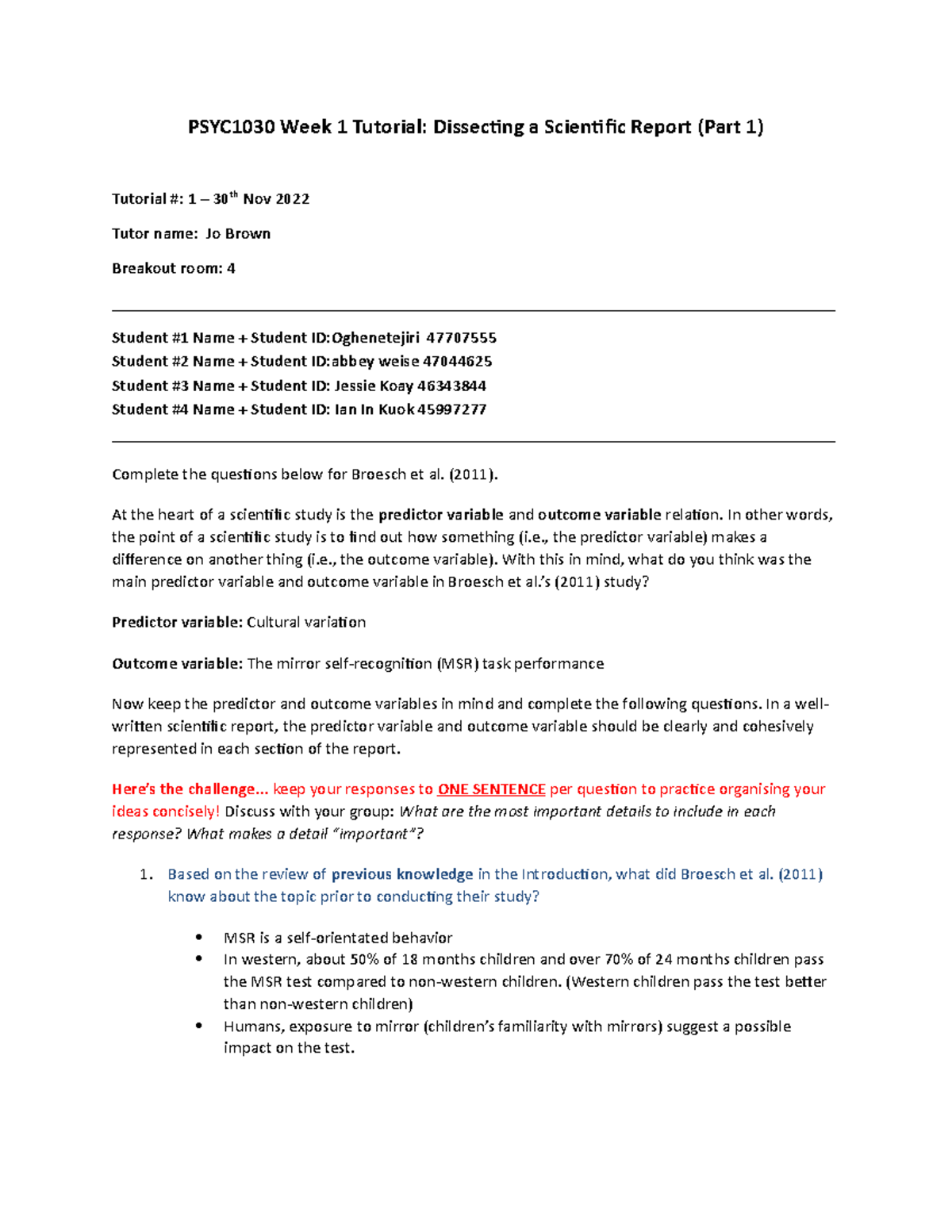 W1 Cultural Variation in Children MSR - PSYC1030 Week 1 Tutorial: Dissecting a Scientific Report ...