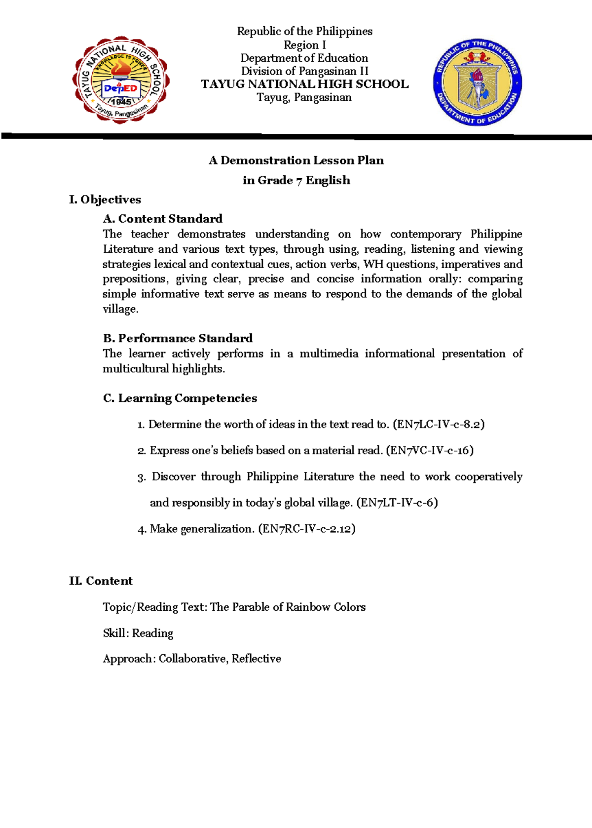 Cot4 Lesson Plan The Parable of Rainbow Color - A Demonstration Lesson ...