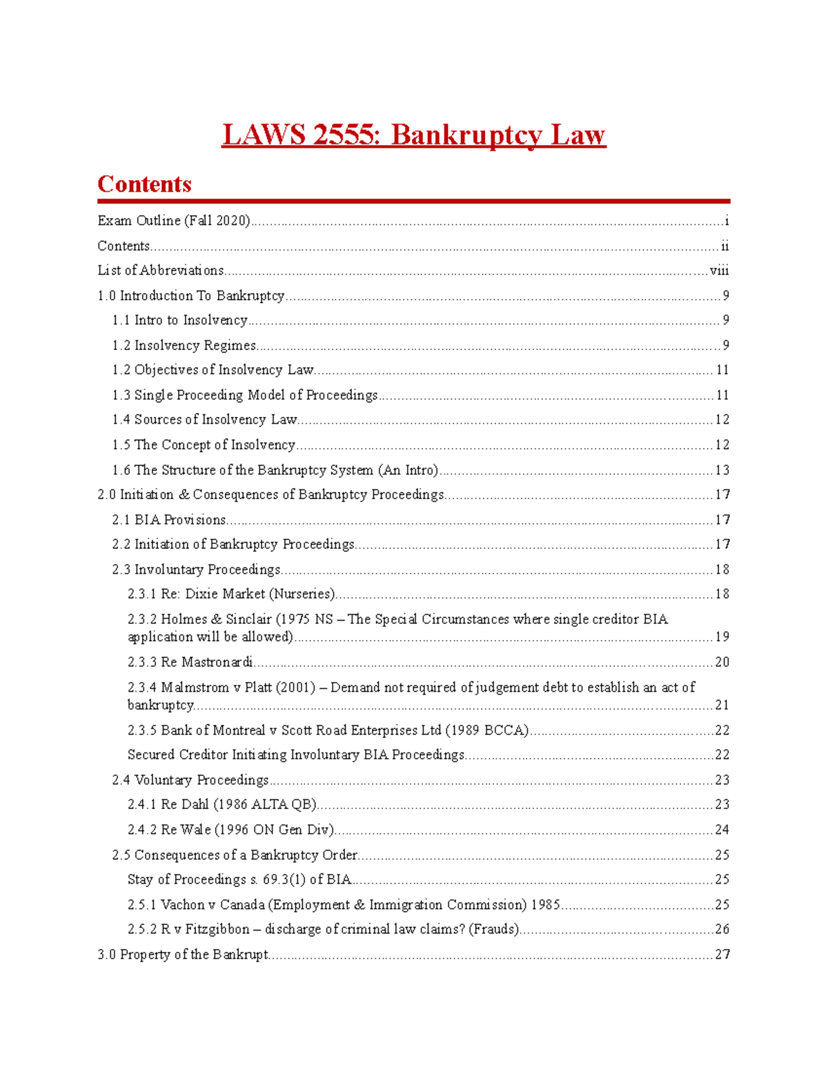 Laws 2555 Bankruptcy Law Fall Exam Outline - LAWS 2555: Bankruptcy Law ...