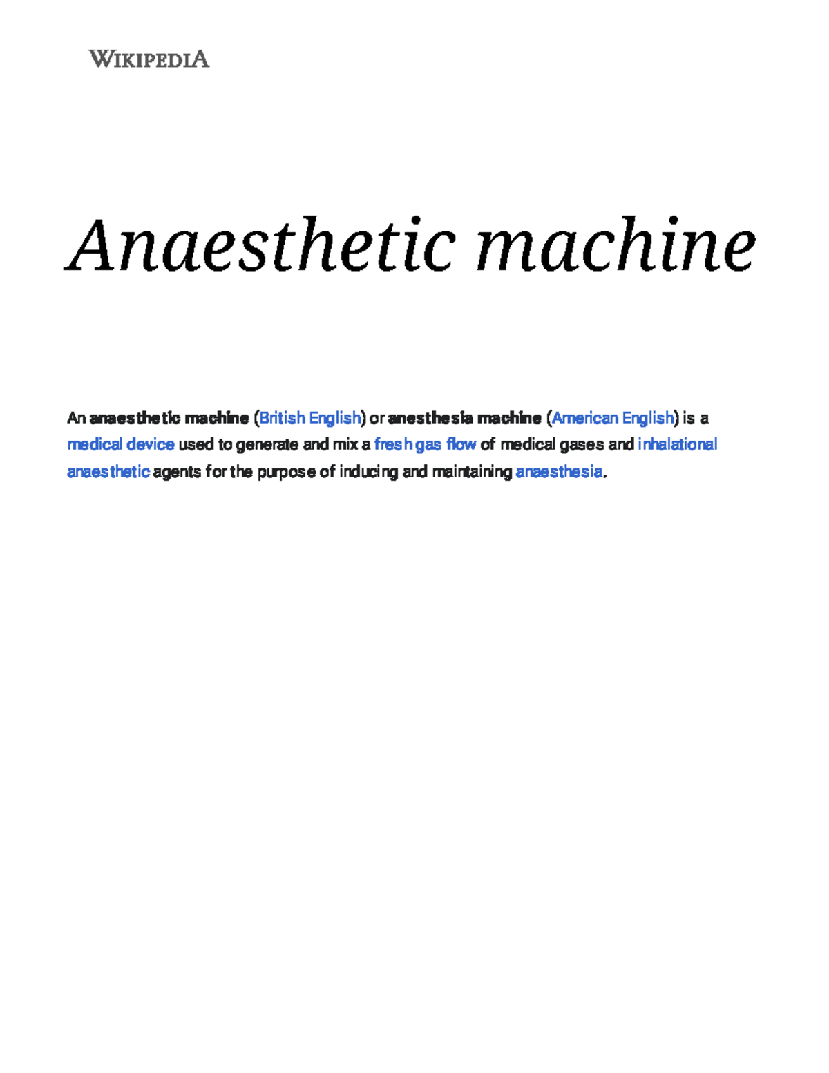 Anaesthetic machine - Wikipedia - Anaesthetic machine An anae s t he t ...