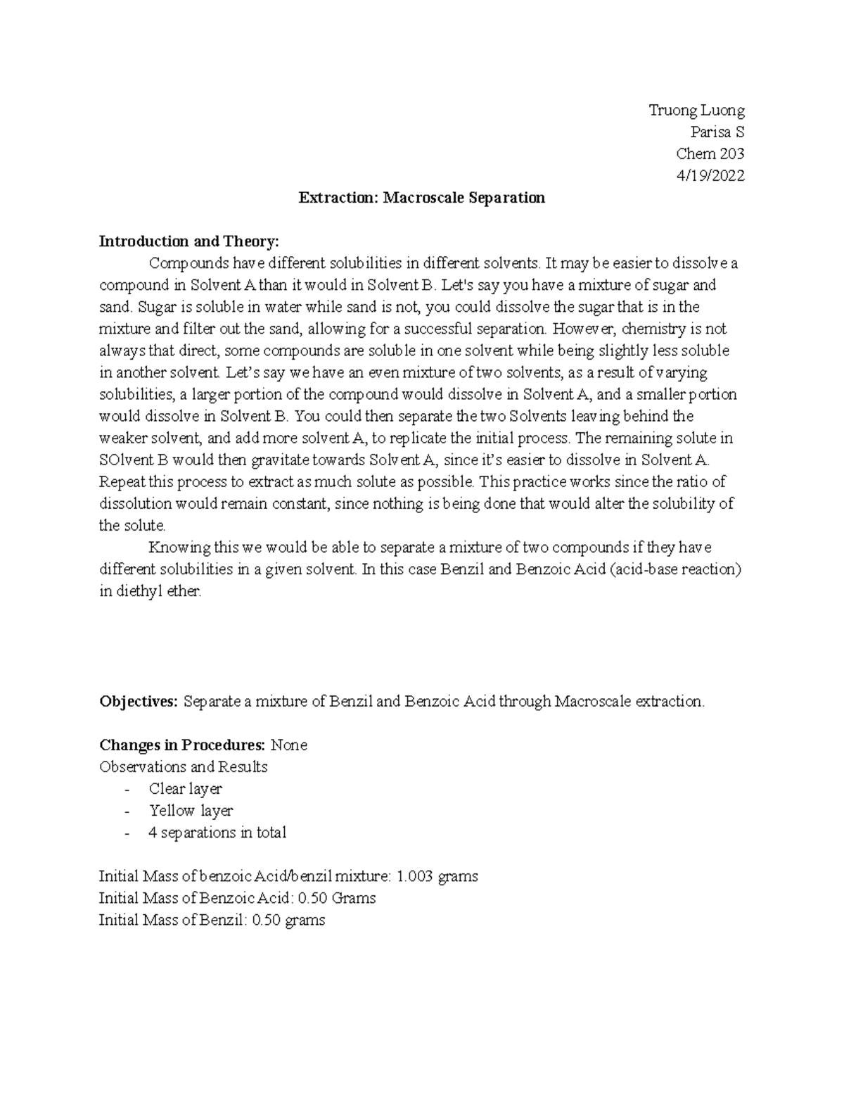 LAB Report 11 Luong - Truong Luong Parisa S Chem 203 4/19/ Extraction ...