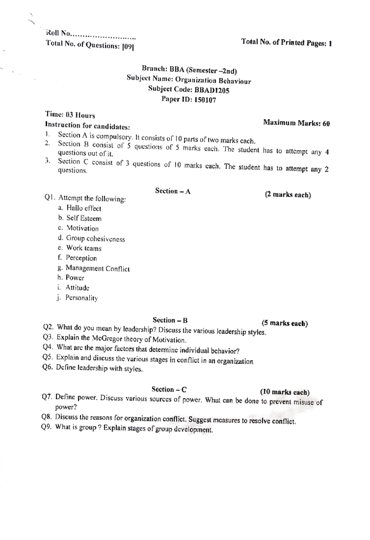 Sample Paper of ob - bba - Roll No.. ***** Total No. of Questions: [09 ...