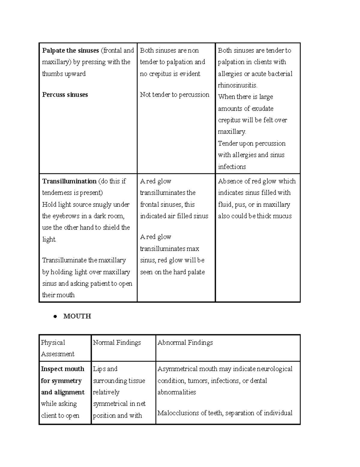 Health assessment exam 2 11 - Palpate the sinuses (frontal and ...
