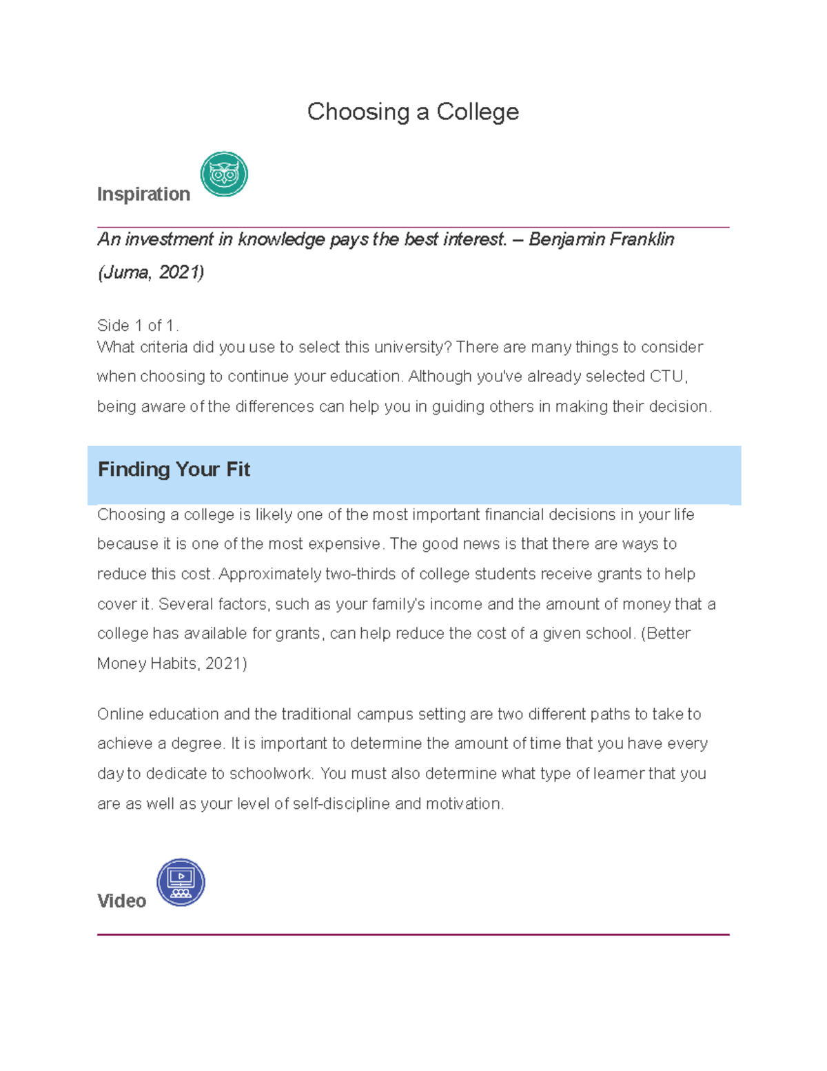 Unit 5 (1) Choosing a College - Choosing a College Inspiration An ...