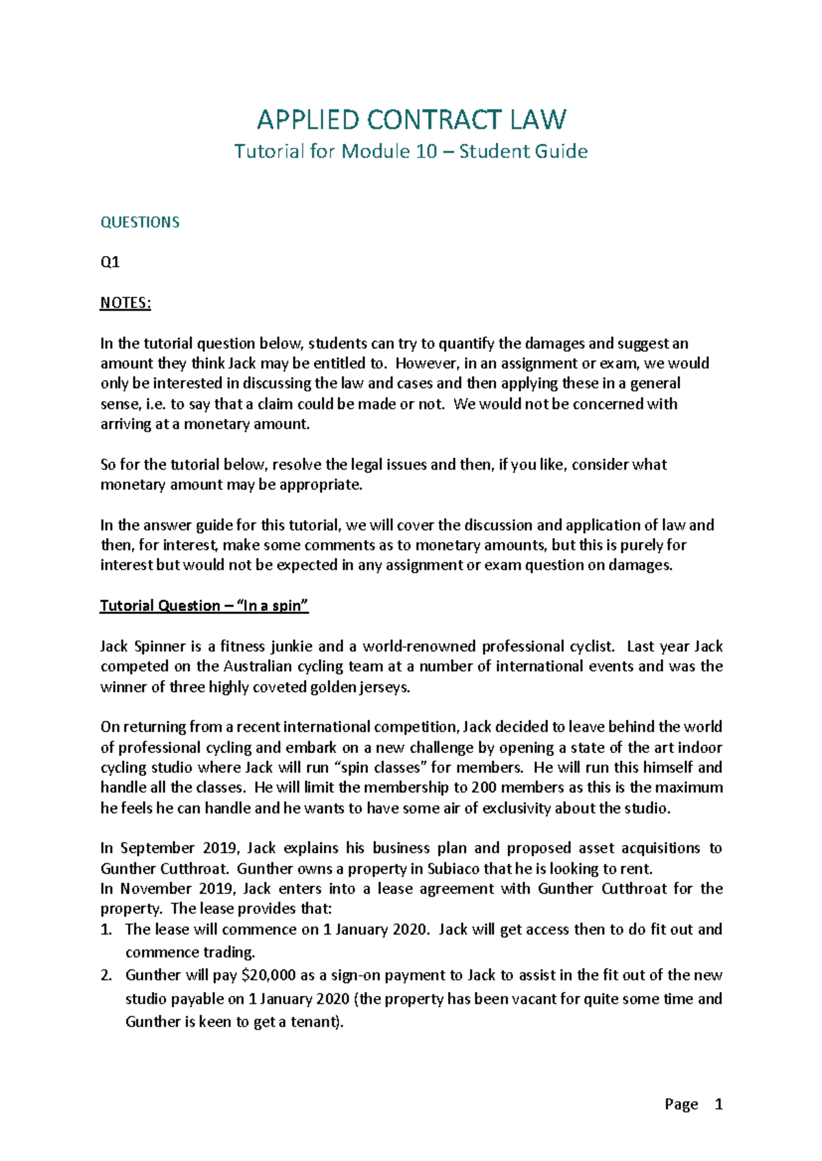 Module 10 - Tutorial - Student Guide - APPLIED CONTRACT LAW Tutorial ...