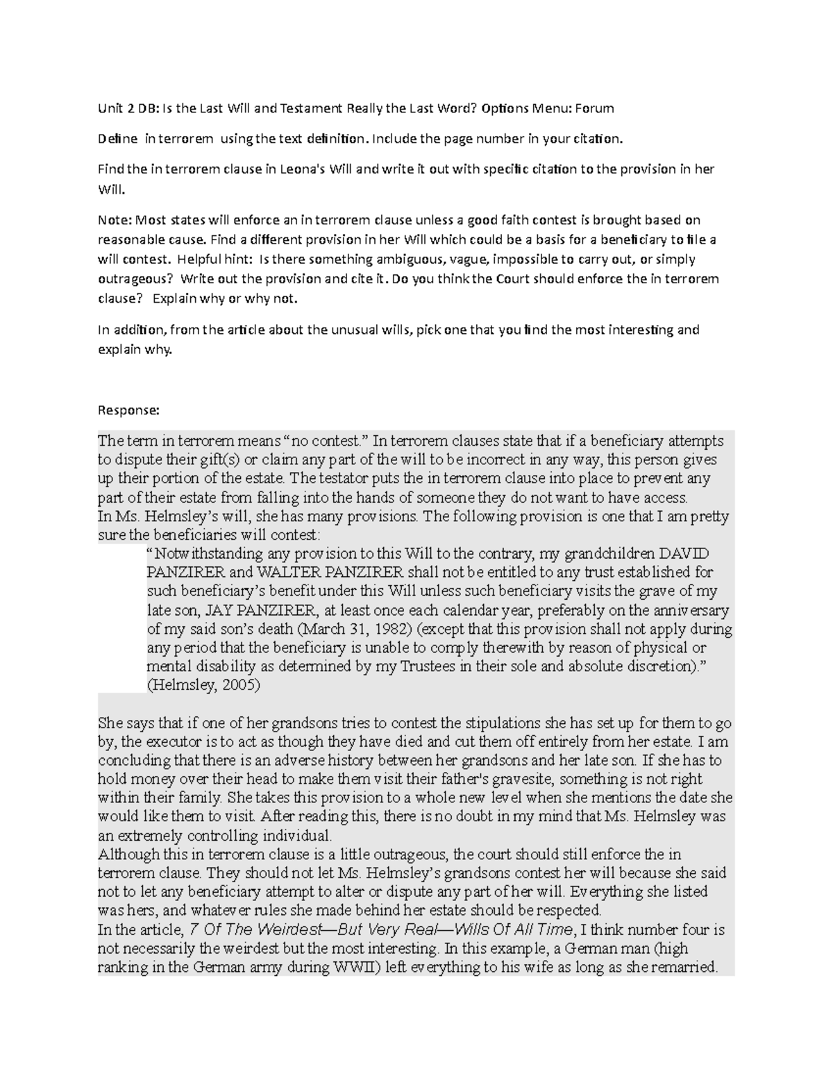 LAW105 Unit 2 DB - Discuss "in terrorem" and answer questions showing knowledge of the text ...