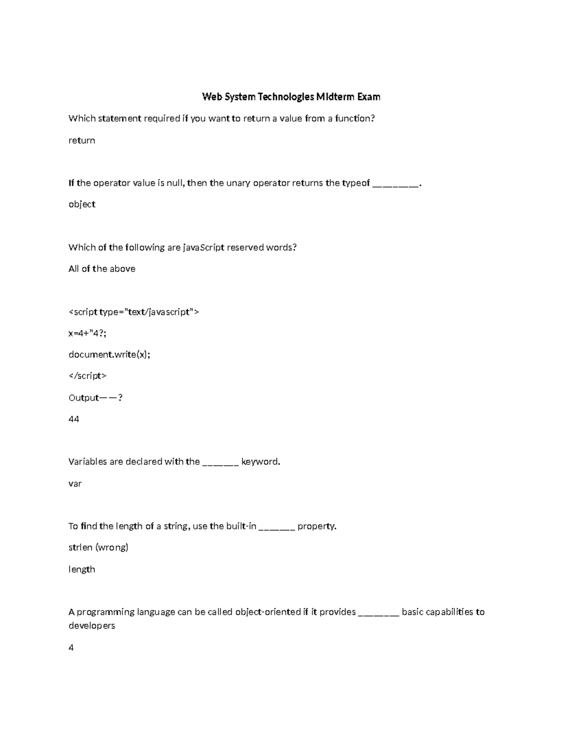 Web System Technologies Midterm Exam - object Which of the following are javaScript reserved ...