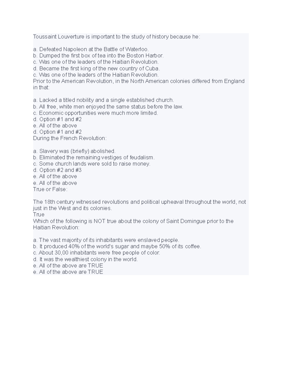 Hist 15 - Practice - Toussaint Louverture is important to the study of ...