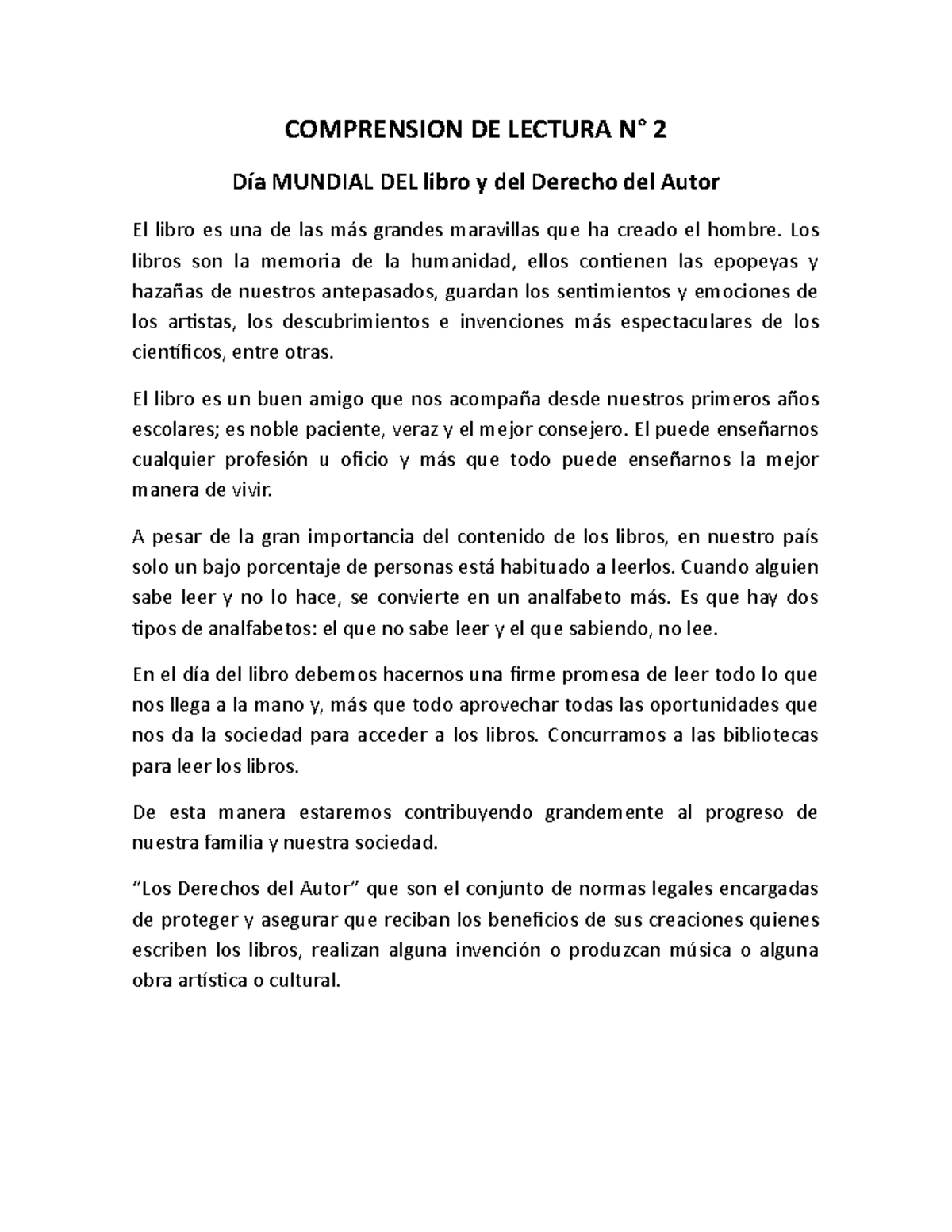 Comprension DE Lectura N° 2 - yaneli - COMPRENSION DE LECTURA N° 2 Día ...