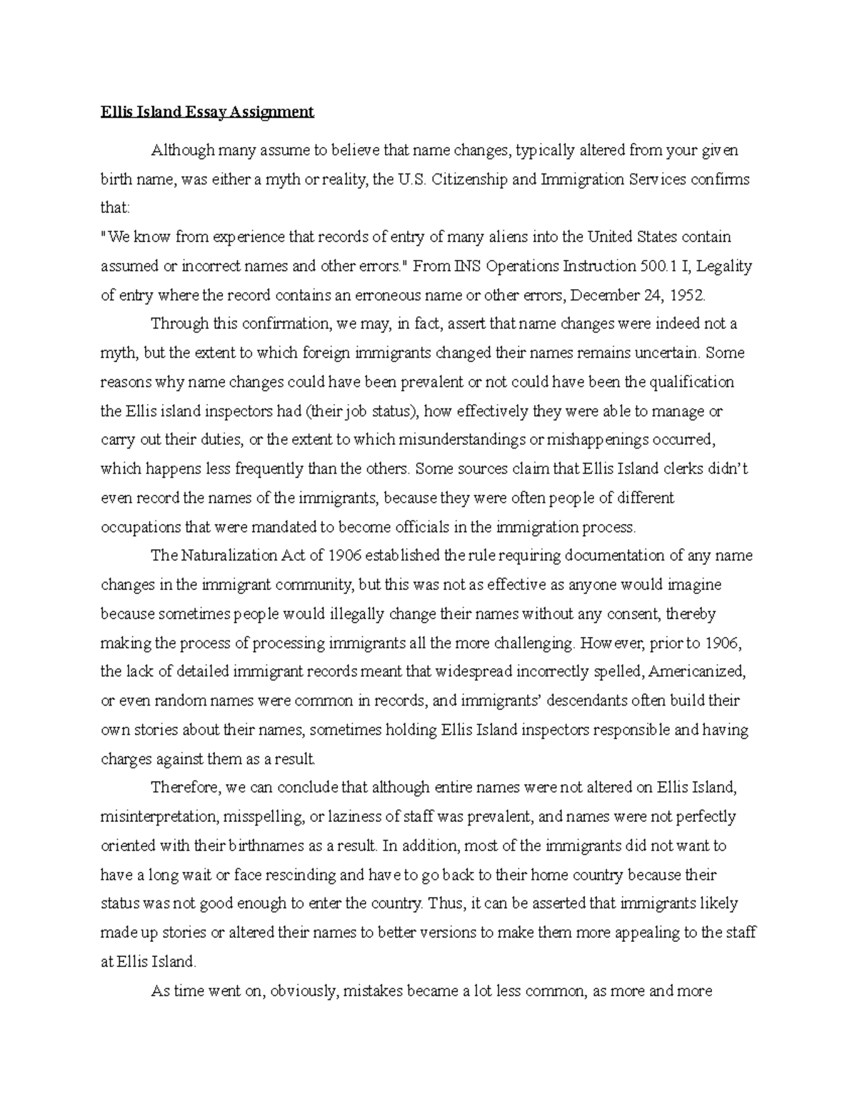 Copy of HW # 19 Essay Assignment - Ellis Island Essay Assignment ...