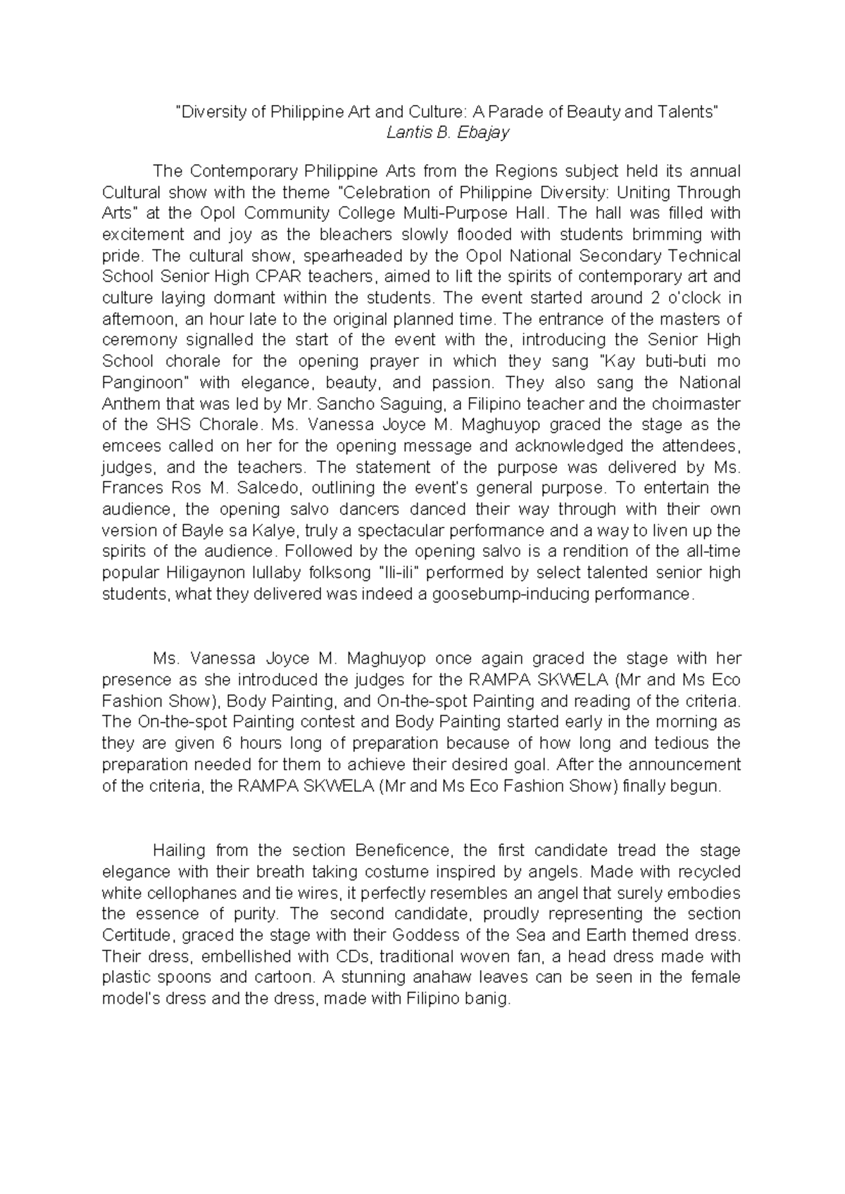 A sample narrative report for a cultural show in CPAR culminating ...