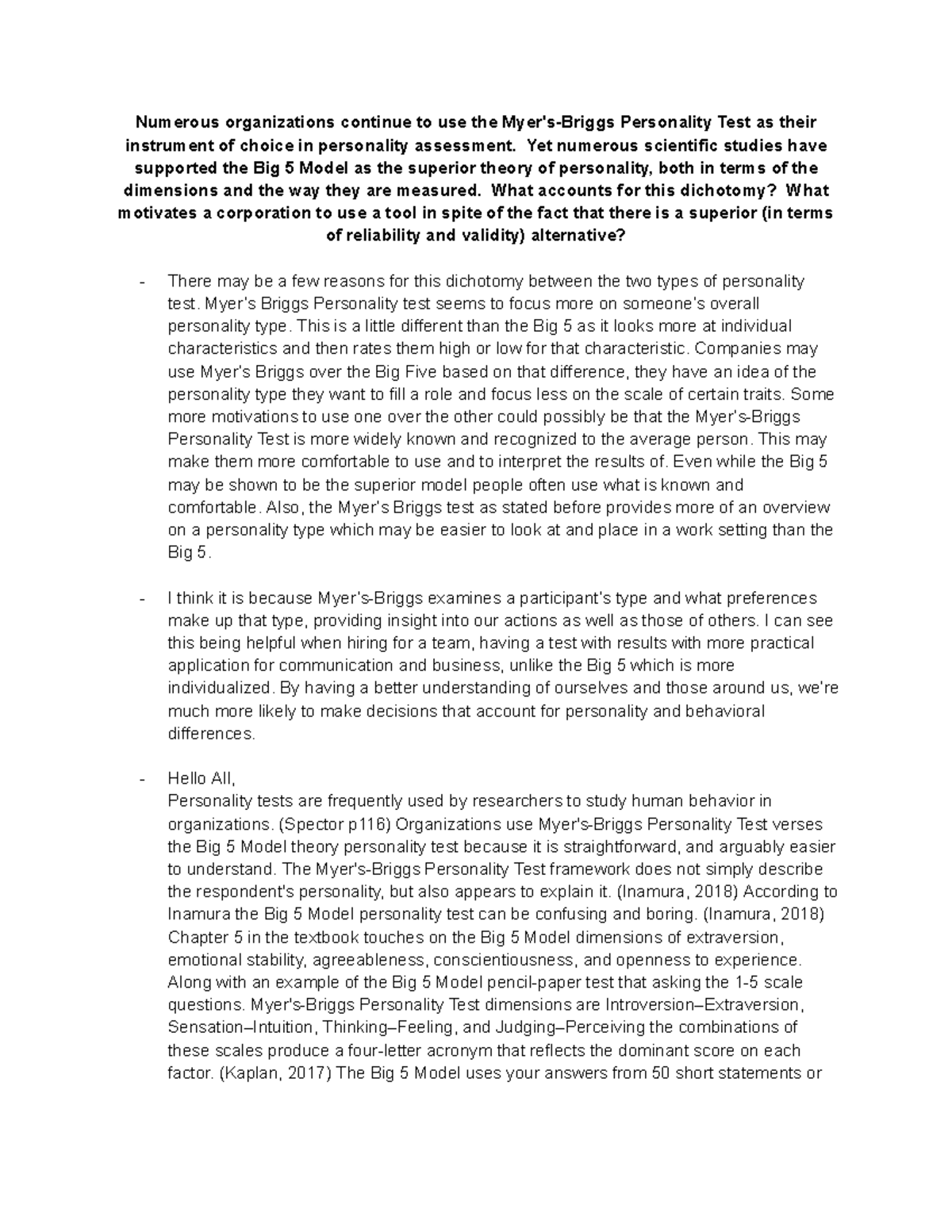 4th Discussion Personality Assessment PT. 2 - Numerous organizations ...