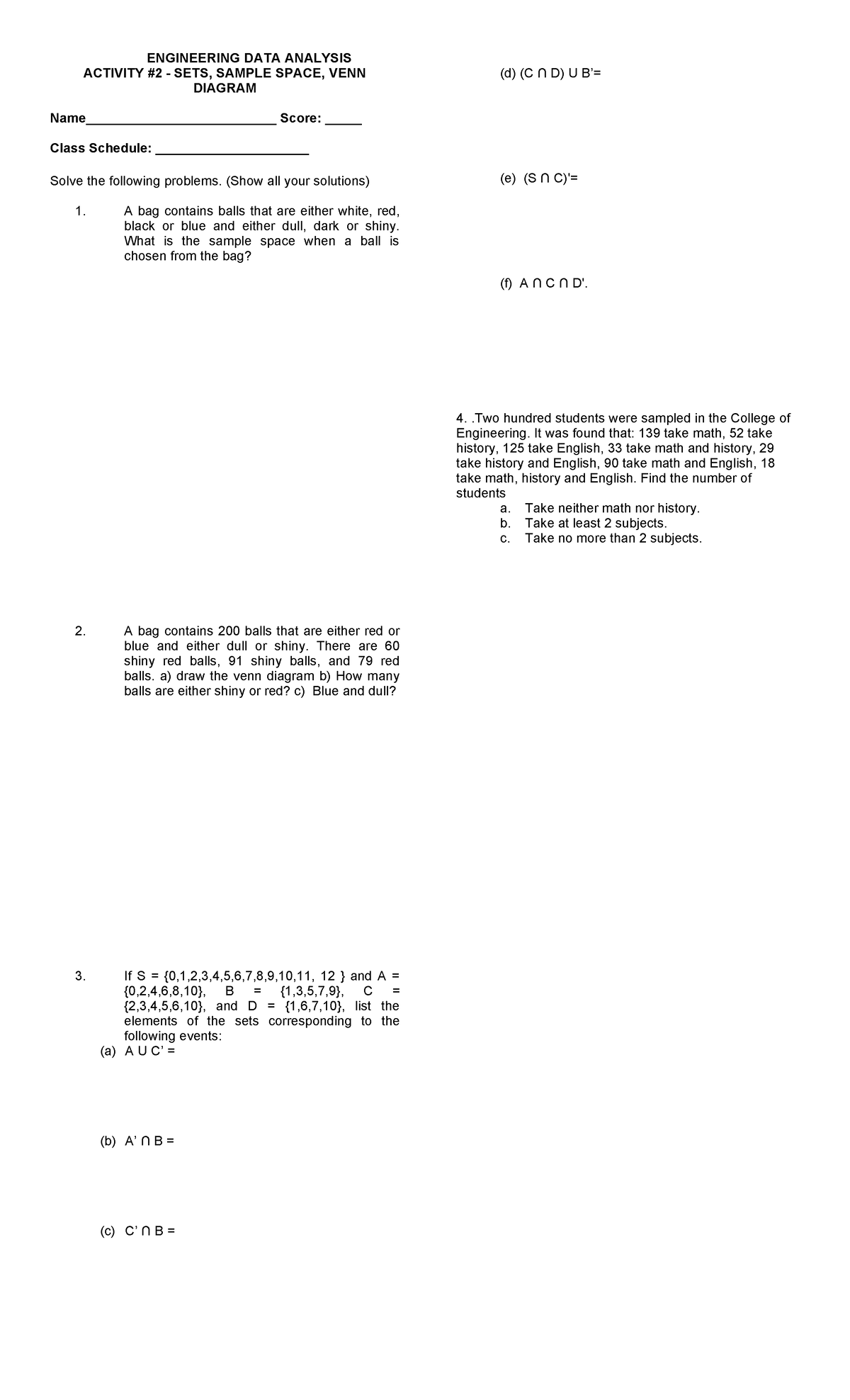 EDA ACT2 Sample Space - Eda Activity - ENGINEERING DATA ANALYSIS ACTIVITY #2 - SETS, SAMPLE ...
