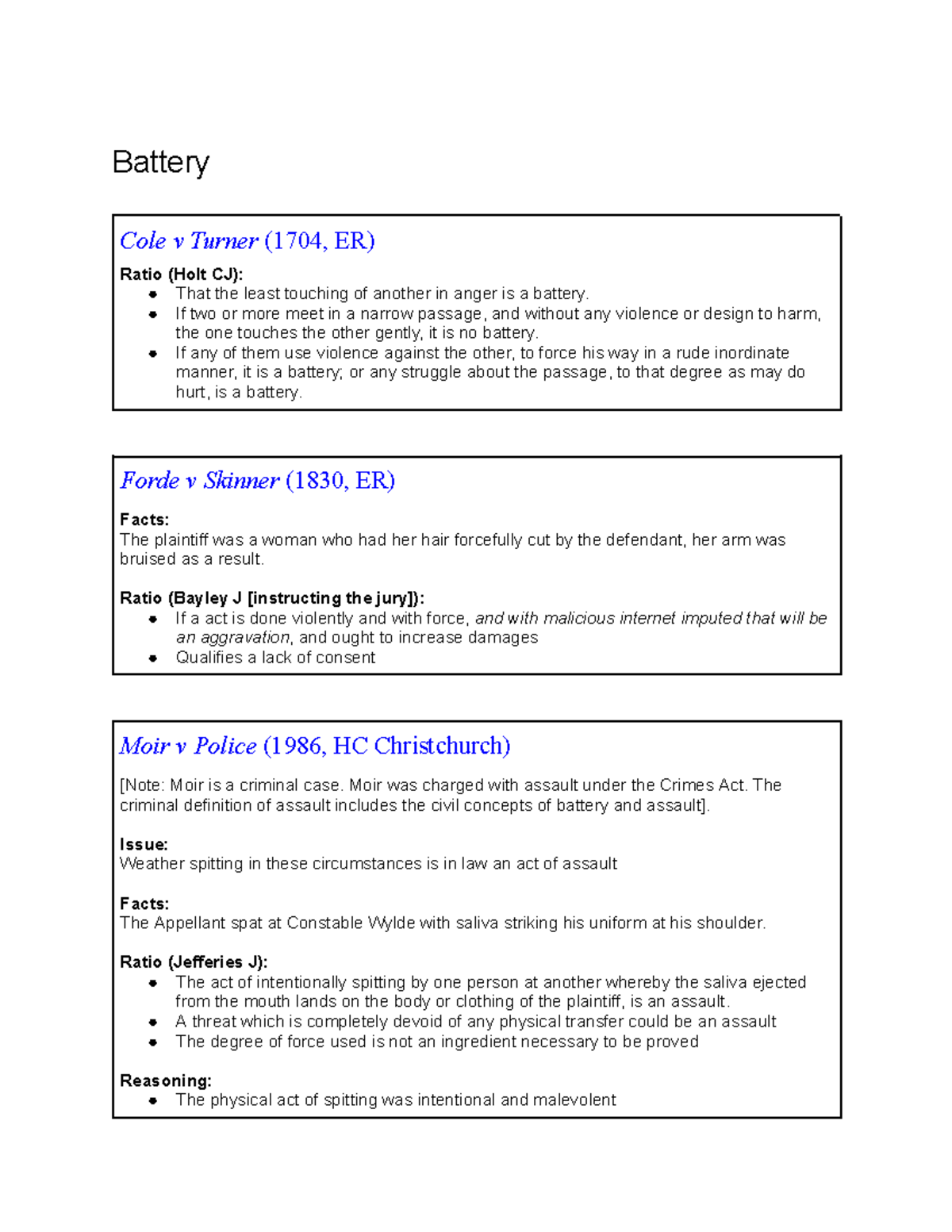 LAWS212 Battery cases - Case notes - Battery Cole v Turner (1704, ER ...