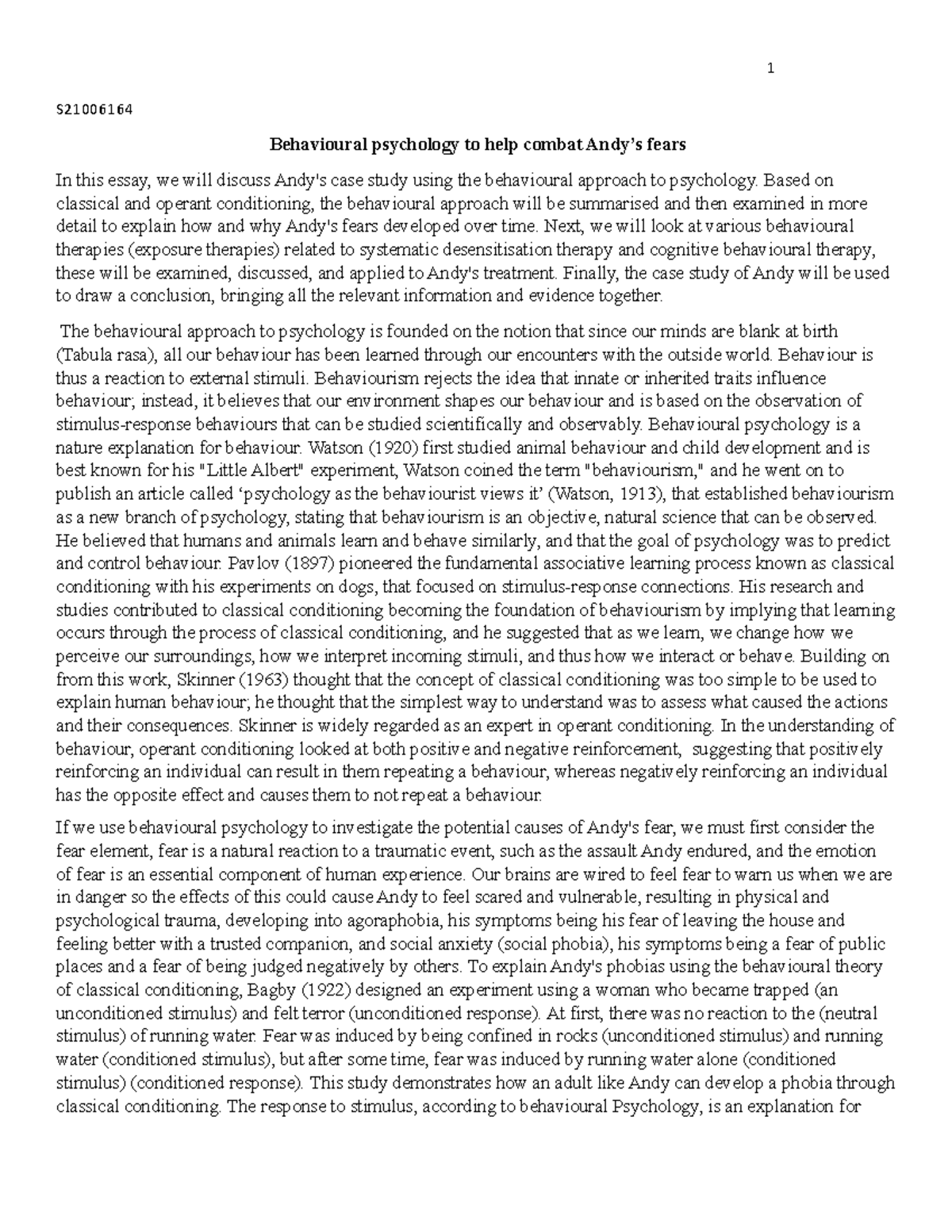 Andy's fear using behavioural psychology - S Behavioural psychology to ...