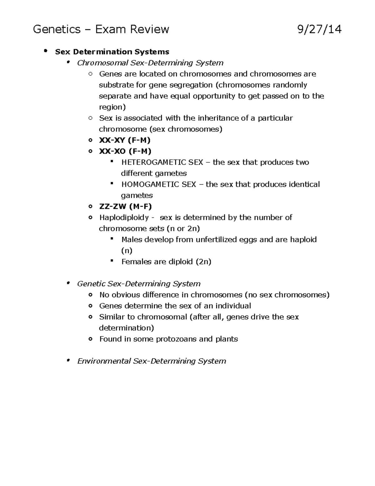 Genetics – Exam 2 Review - Genetics – Exam Review 9/27/ Sex ...