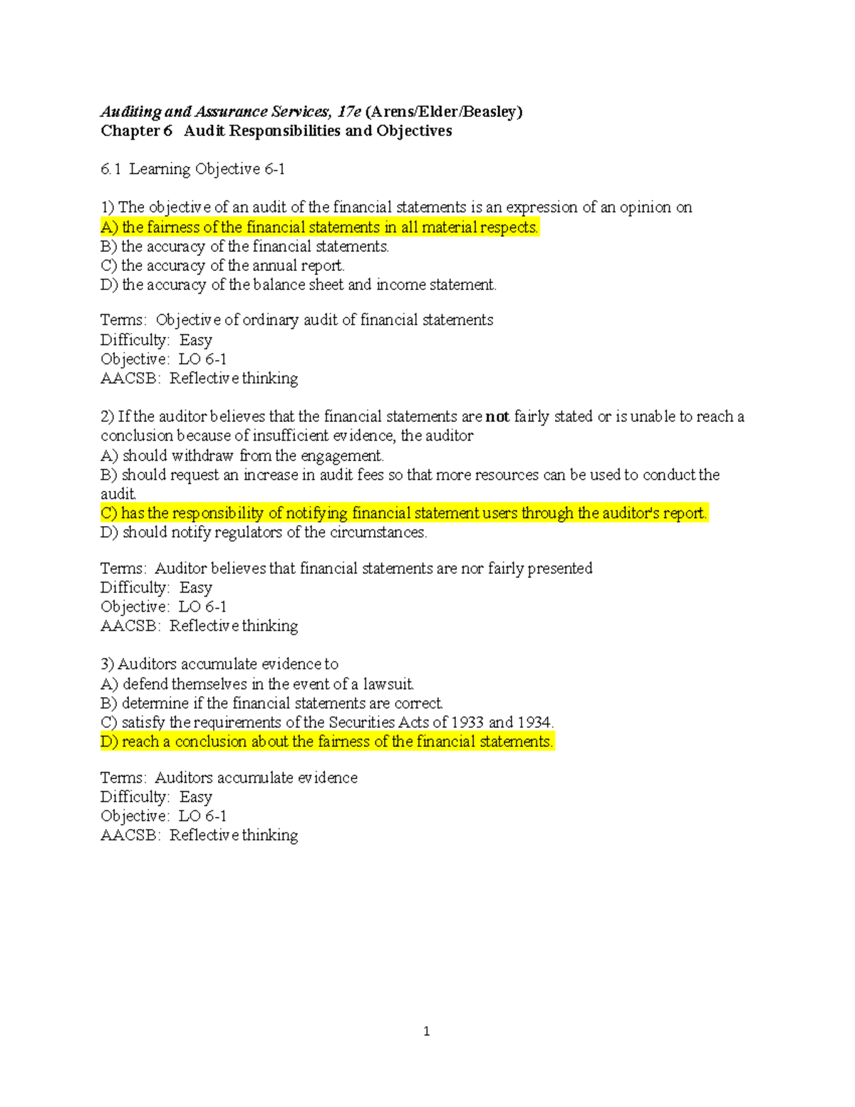 Chapter 06 - Questions - Auditing and Assurance Services, 17e (Arens ...