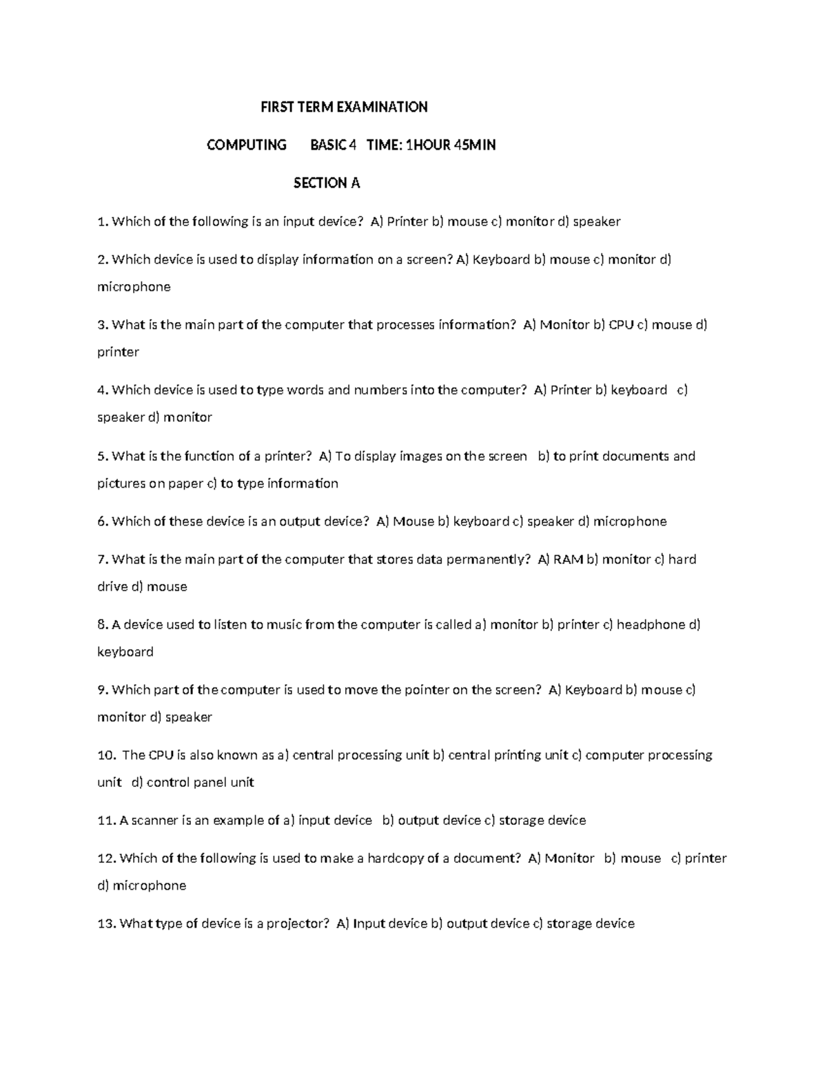 Computing Basic 4 - A BRIEF SUMMARY - FIRST TERM EXAMINATION COMPUTING ...