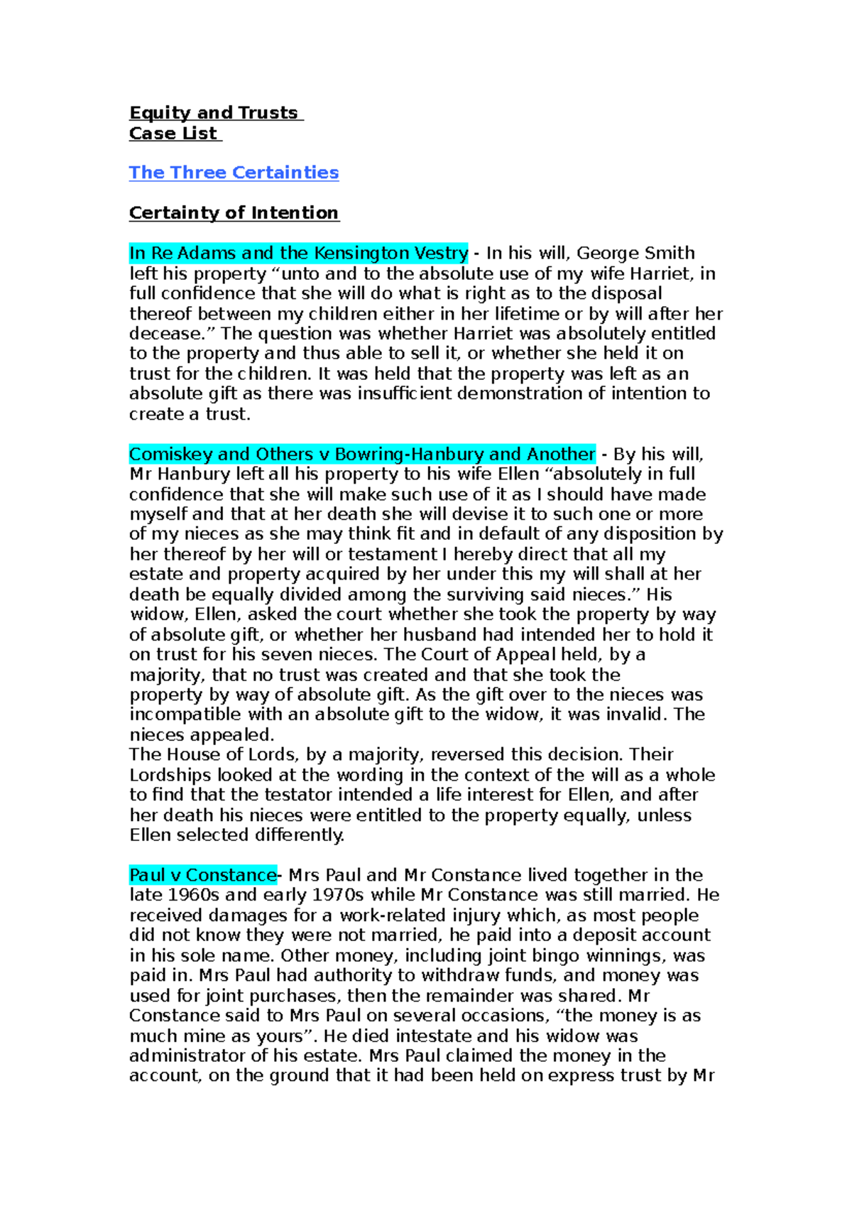 E T Case List sample - These are cases under the course unit of Equity ...