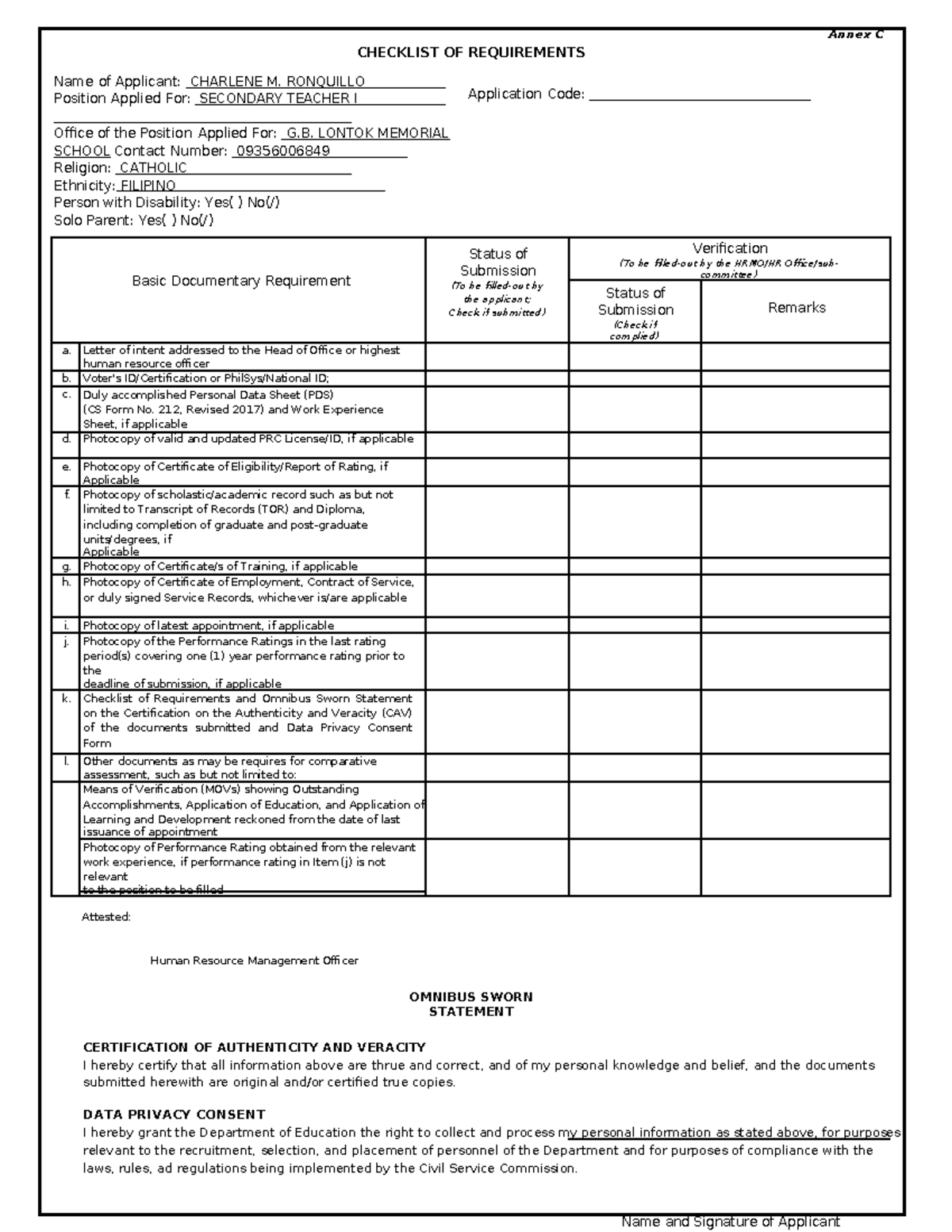 Annex C Checklist of Requirements - CHECKLIST OF REQUIREMENTS Annex C Name of Applicant ...