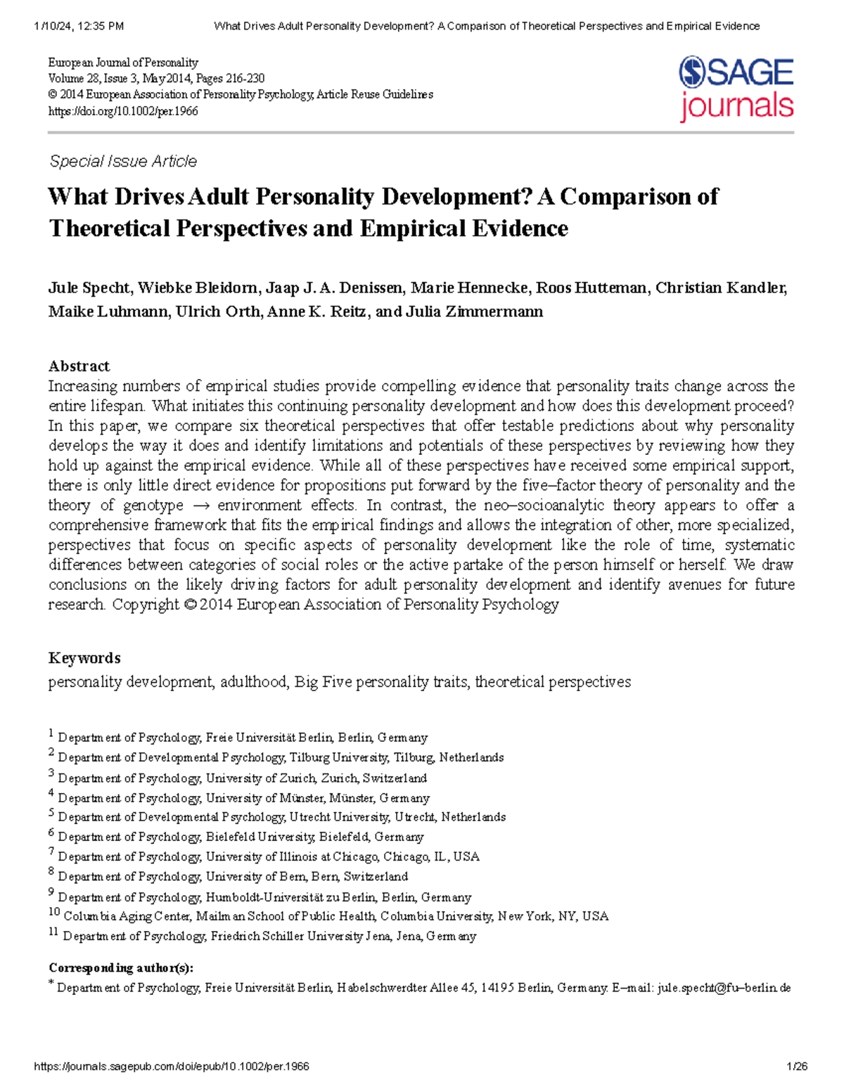 What Drives Adult Personality Development A Comparison of Theoretical ...